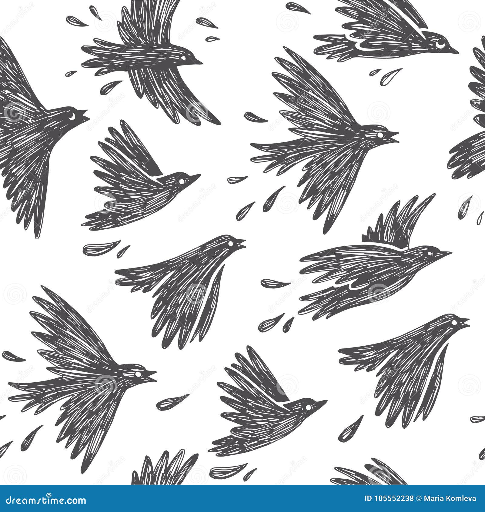 Vector Seamless Pattern with Flying Flock of Birds. Hand Drawn B Stock ...