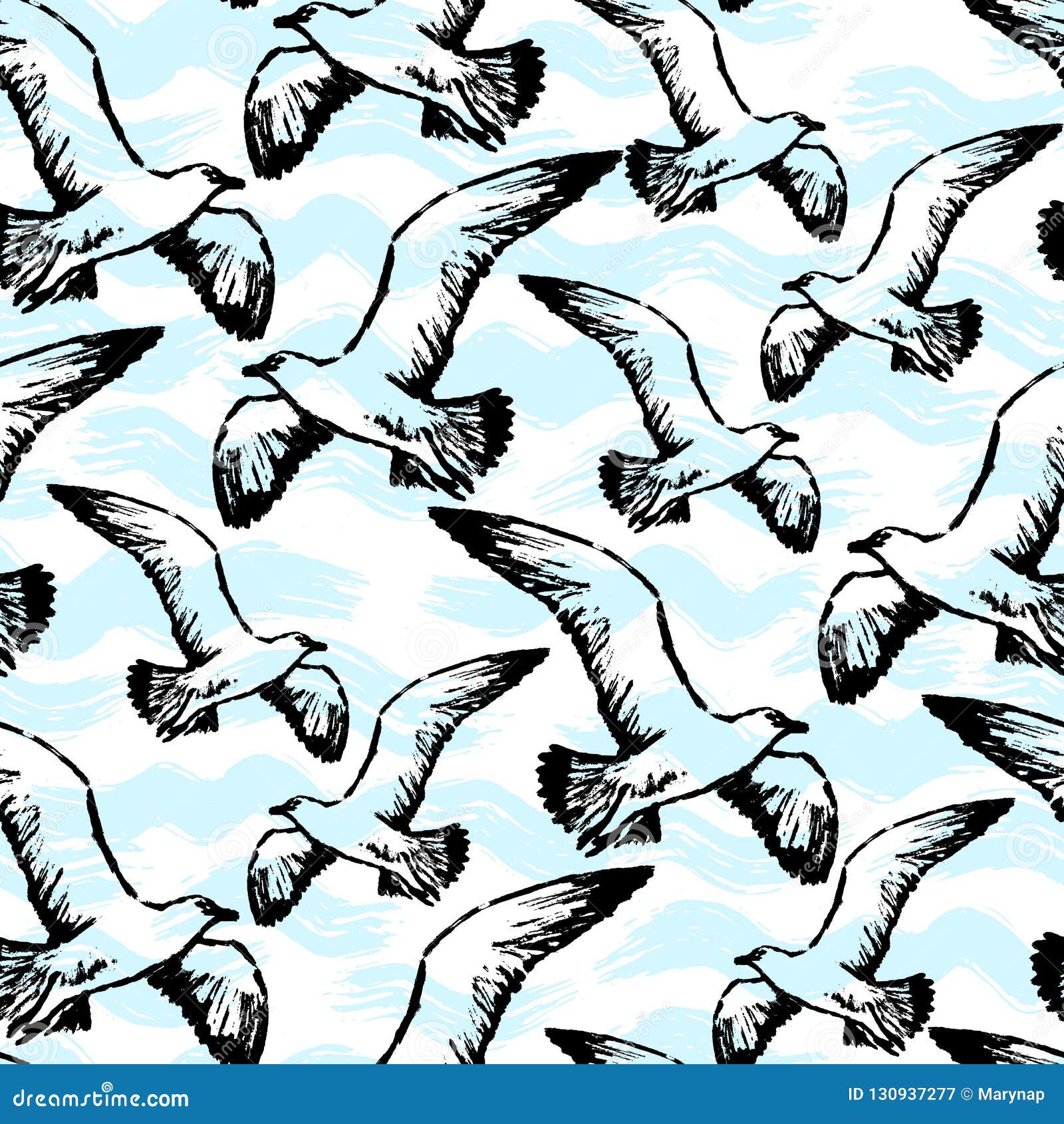 Ink Hand Drawn Seamless Pattern with Flying Seagulls Stock Vector ...