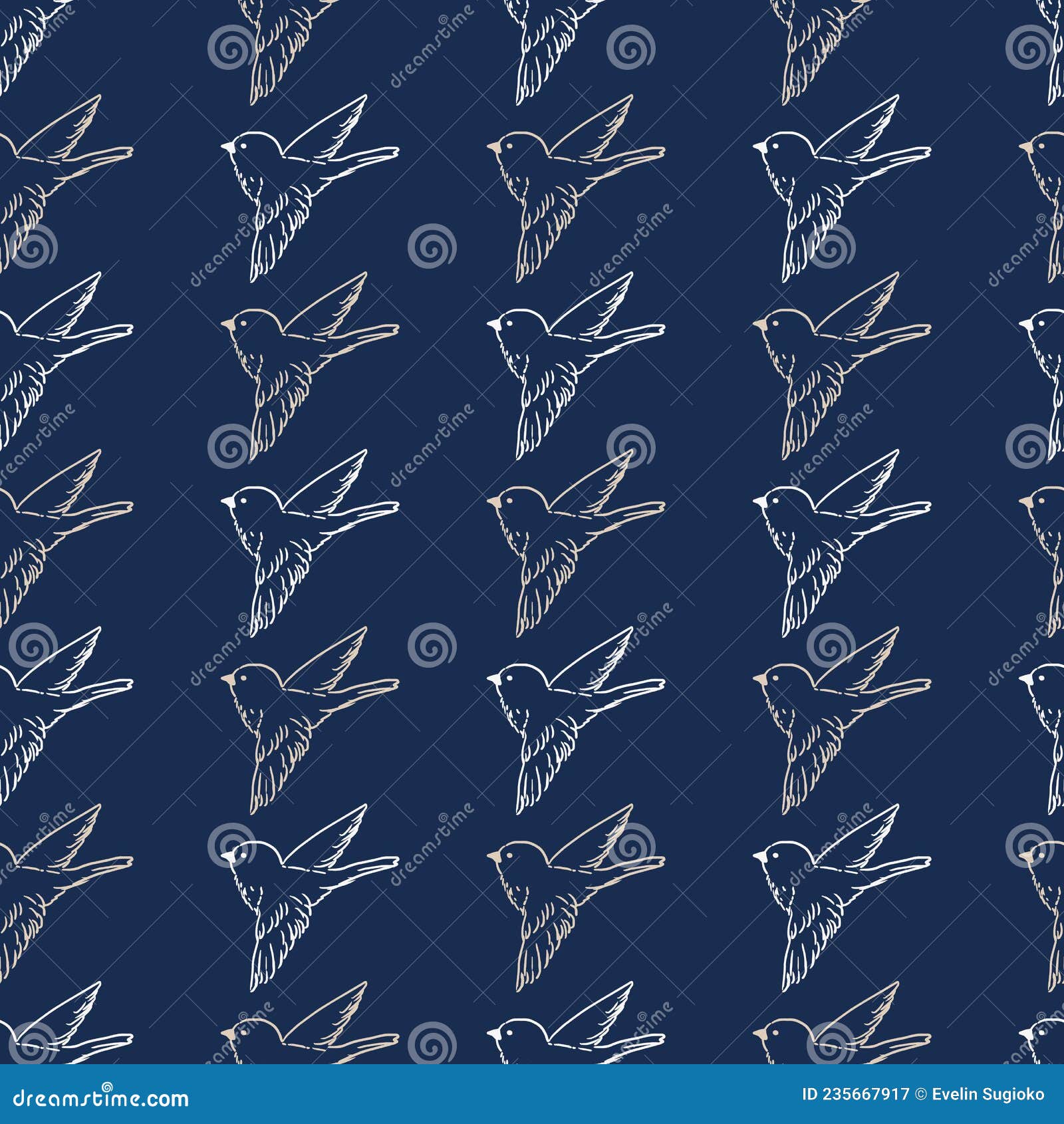 Vector Seamless Pattern with Flying Sparrow in the Night Line Art Stock ...