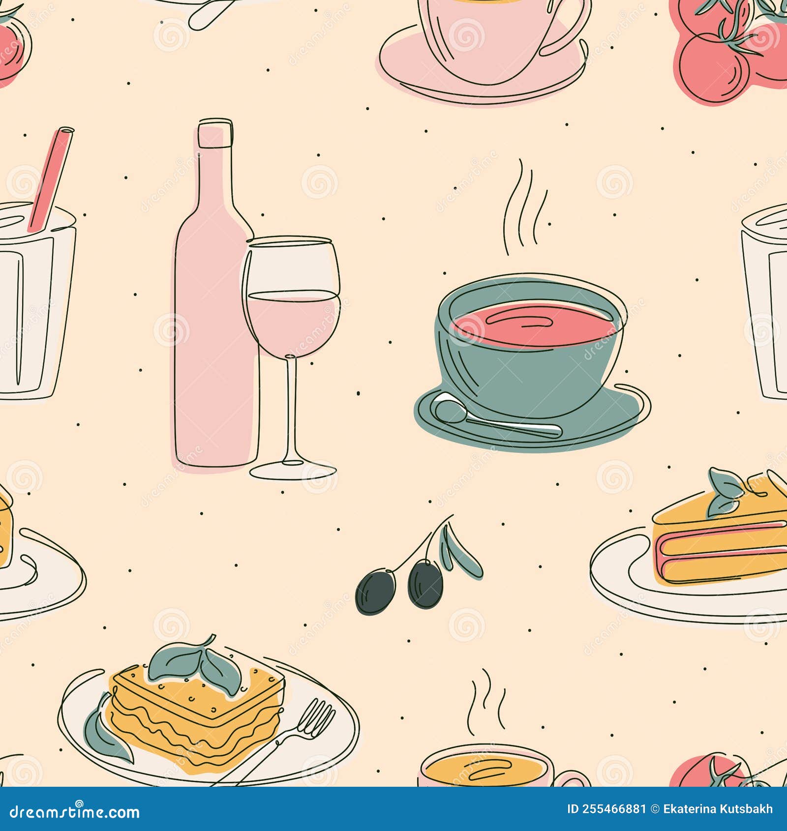 Vector Seamless Pattern with Food Illustrations in Line Art Style with ...