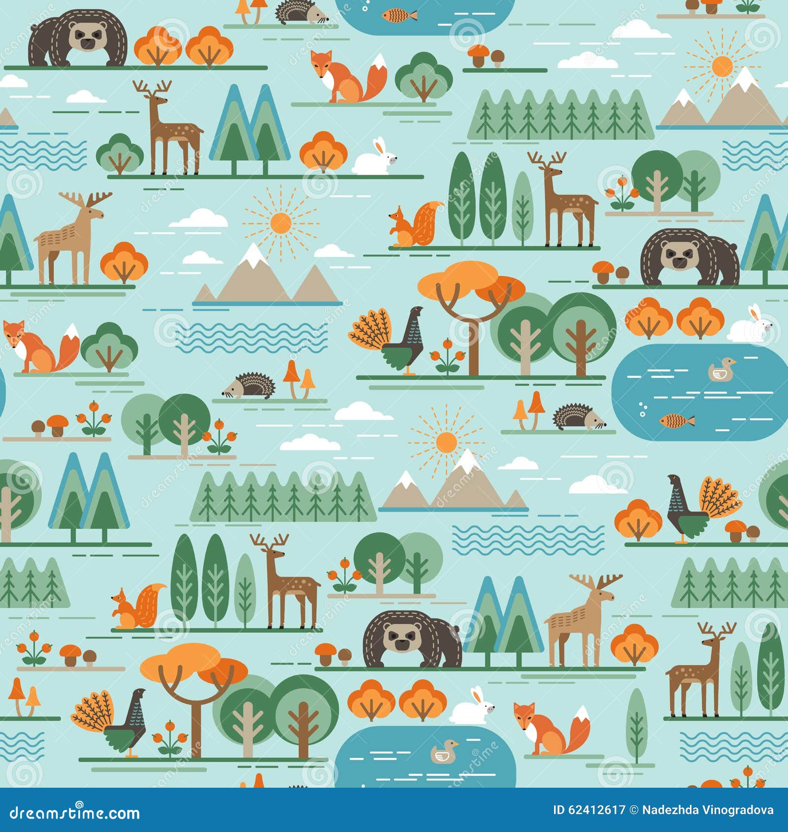 Vector Seamless Pattern with Forest Flora and Fauna. Stock Vector ...