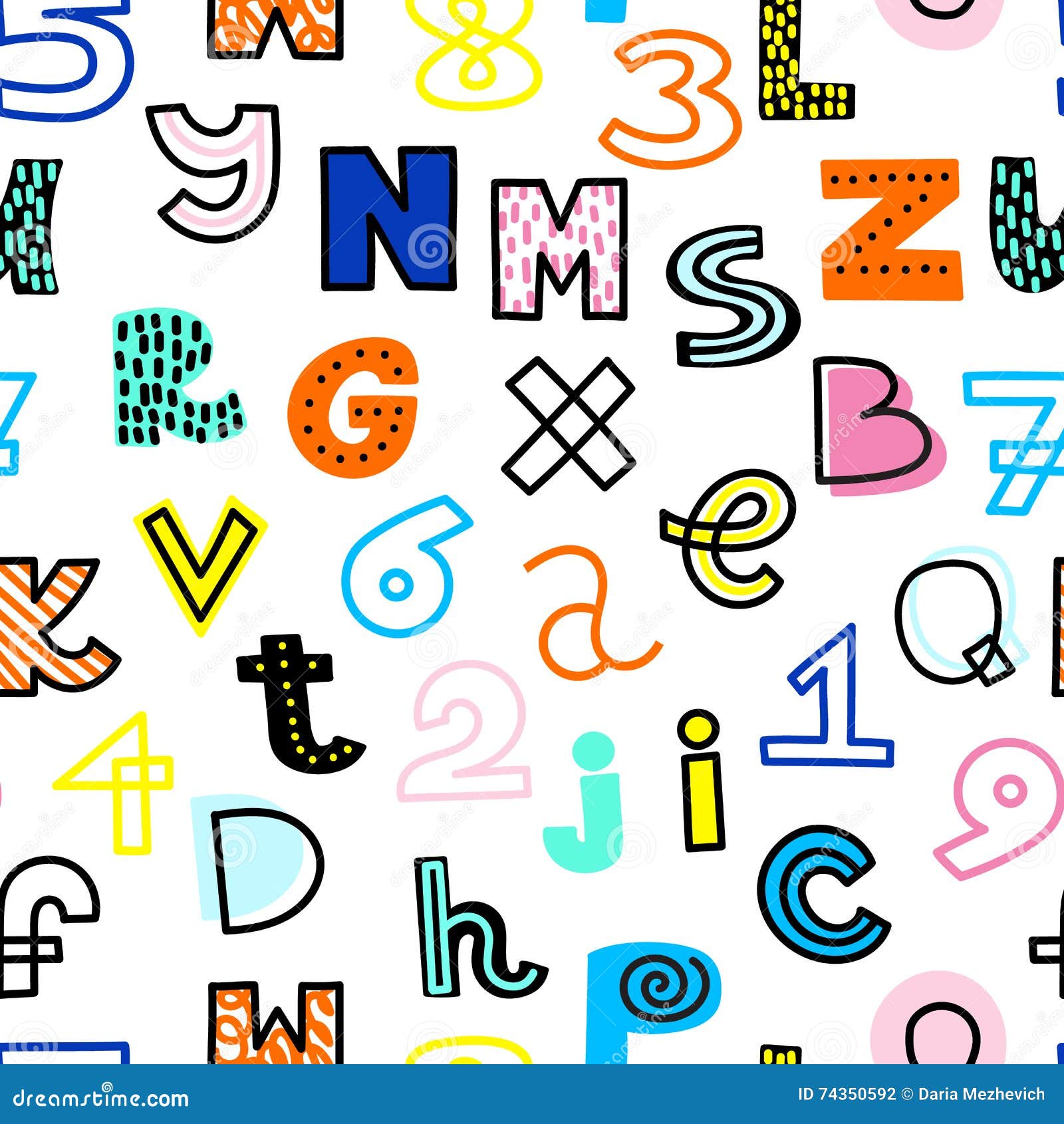 Vector Seamless Pattern with Funky, Hand Drawn Alphabet and Numbers ...