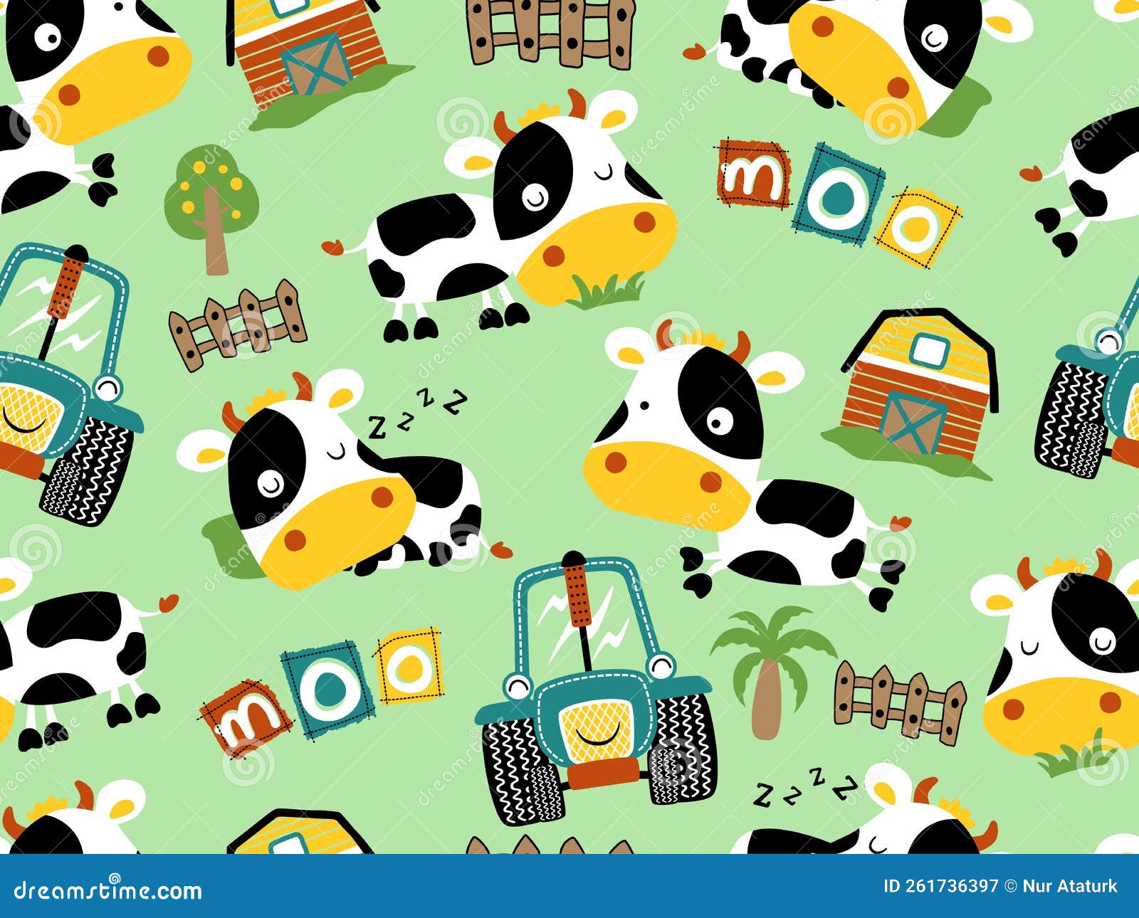 Vector Seamless Pattern of Funny Cow Cartoon, Farming Element Cartoon ...