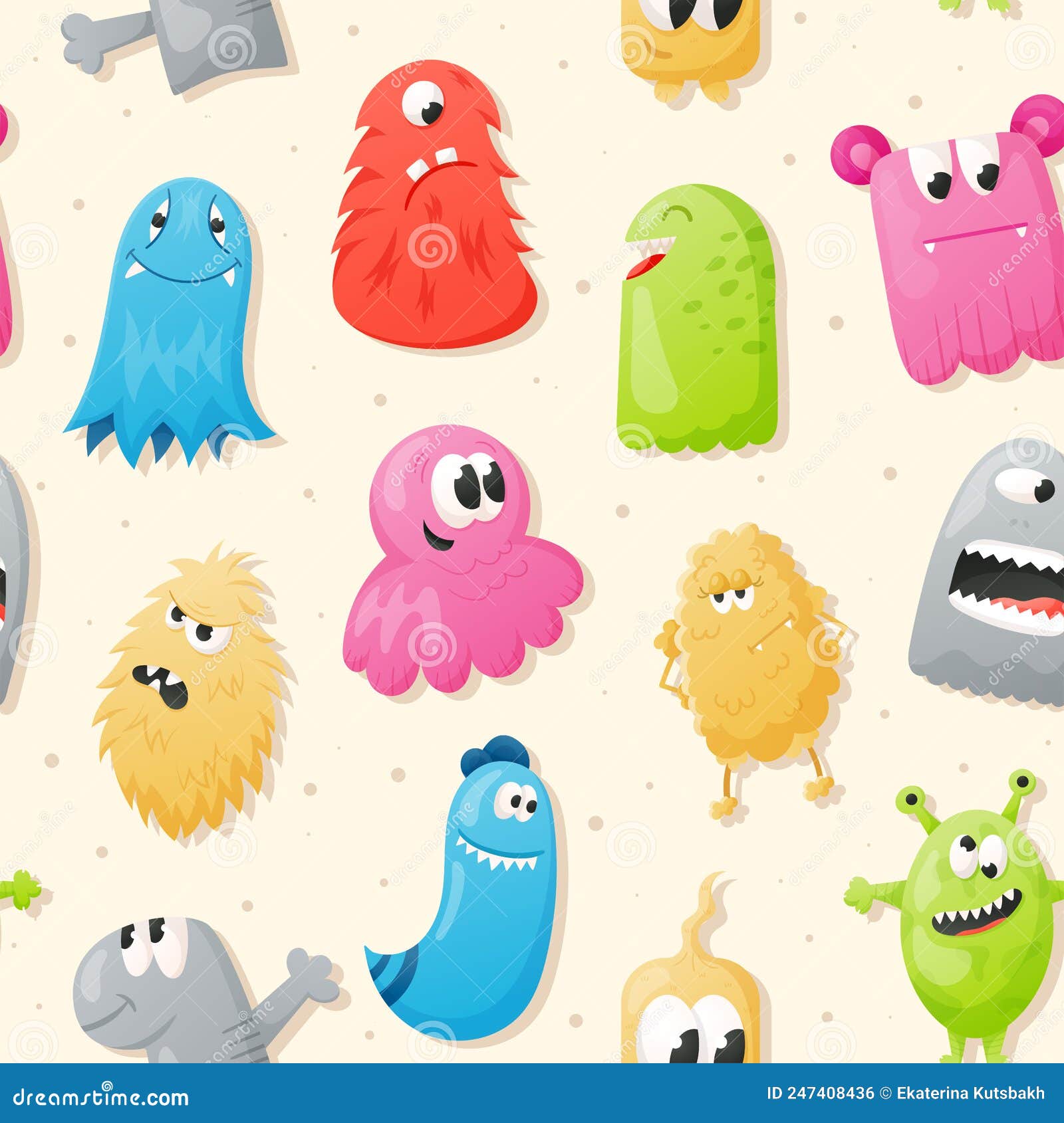 Vector Seamless Pattern with Funny Fictional Monsters. Stock Vector ...