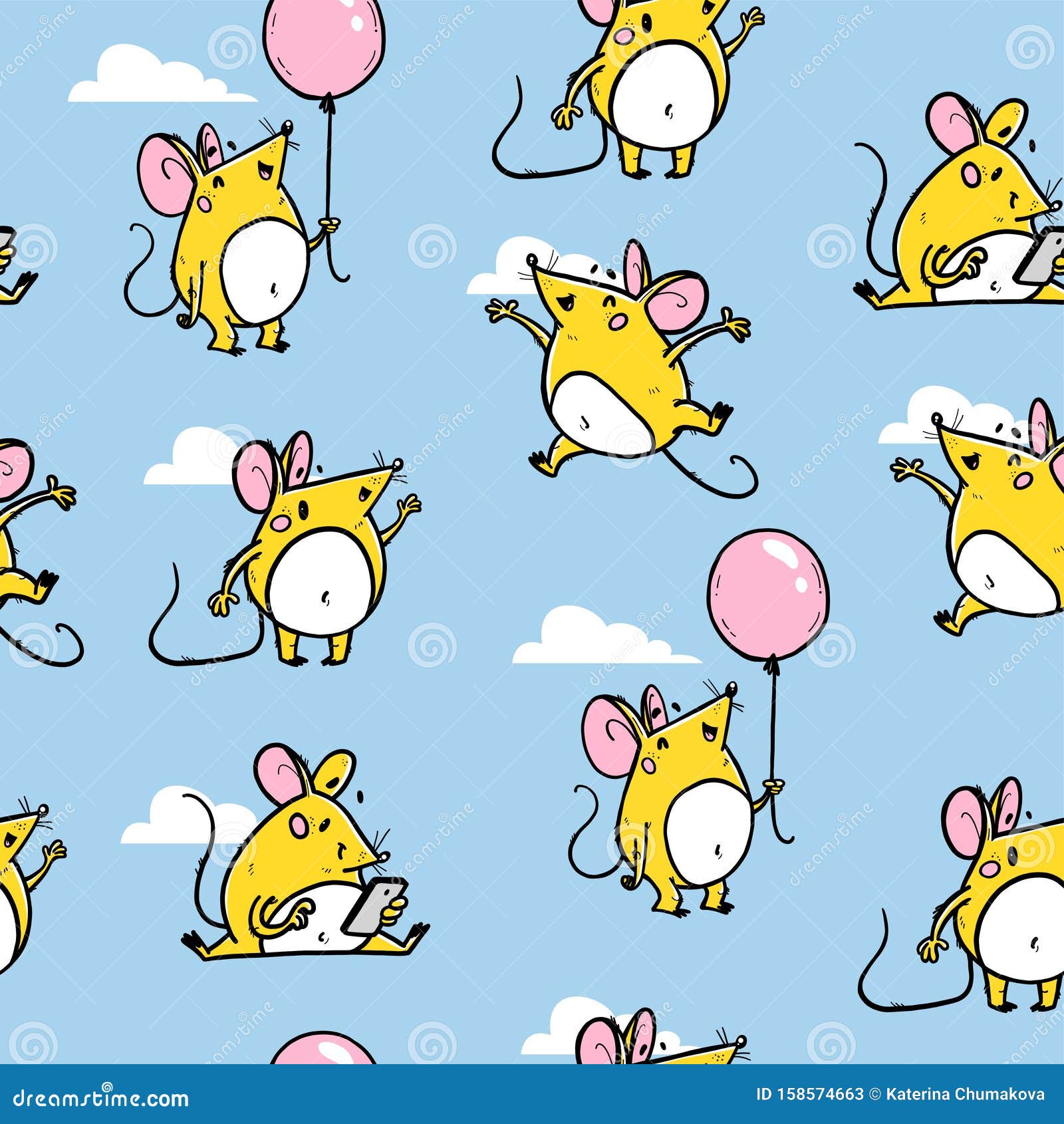 Vector Seamless Pattern with Funny Happy Hand Drawn Mice Characters ...