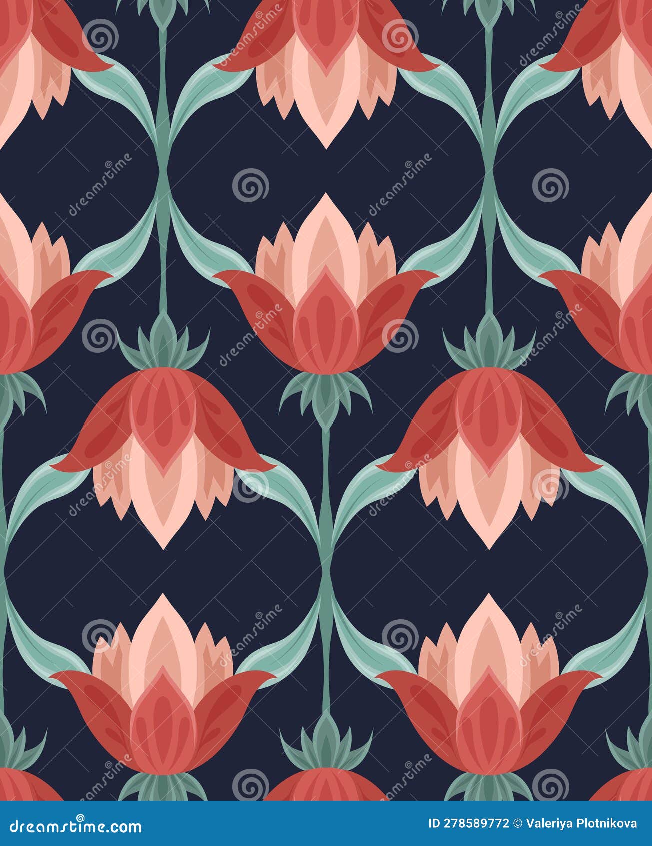 Vector Seamless Pattern with Geometric Red Flowers on a Dark Background ...