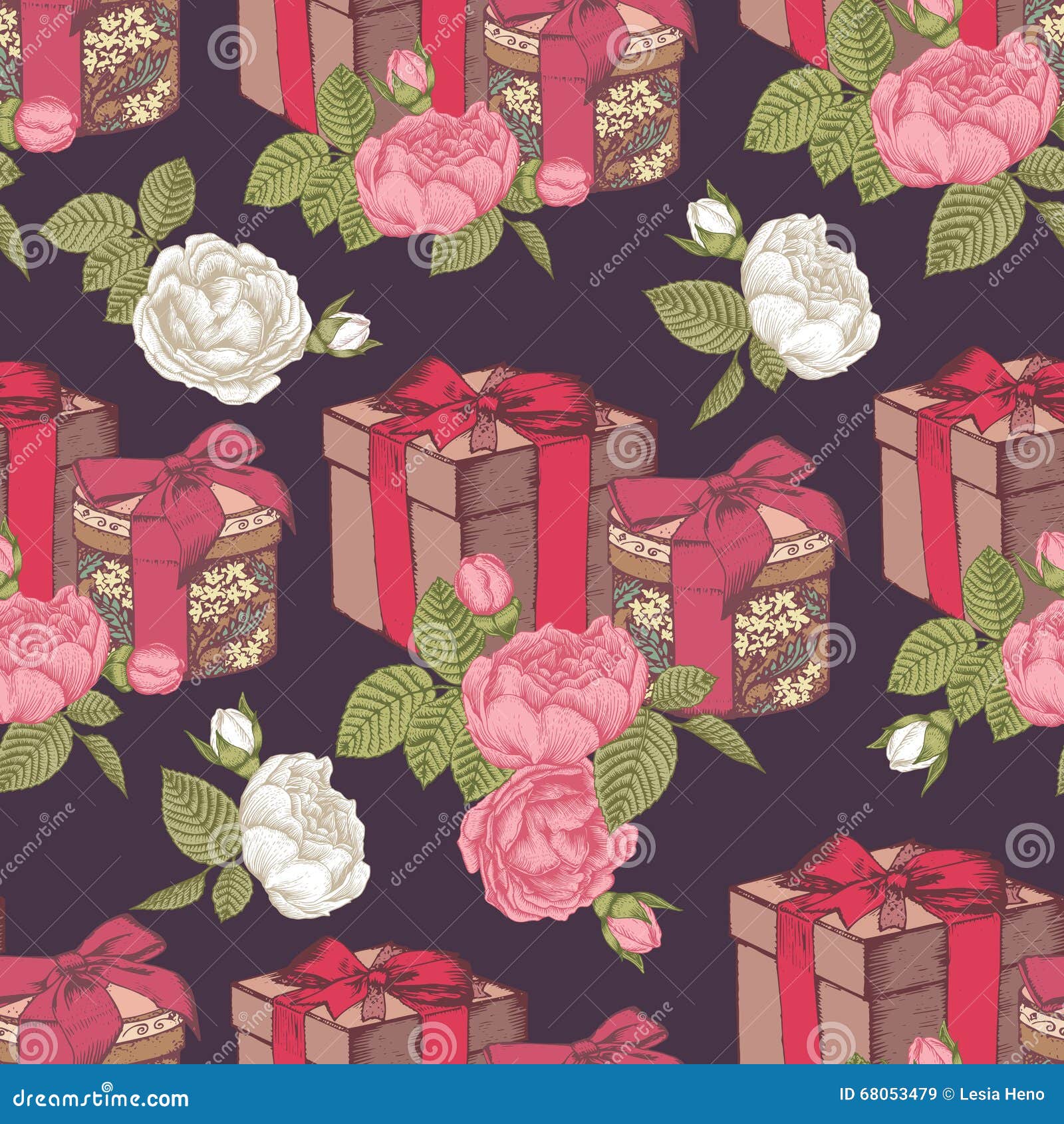 Vector Seamless Pattern with Gift Boxes and Bouquets of Roses. Stock ...