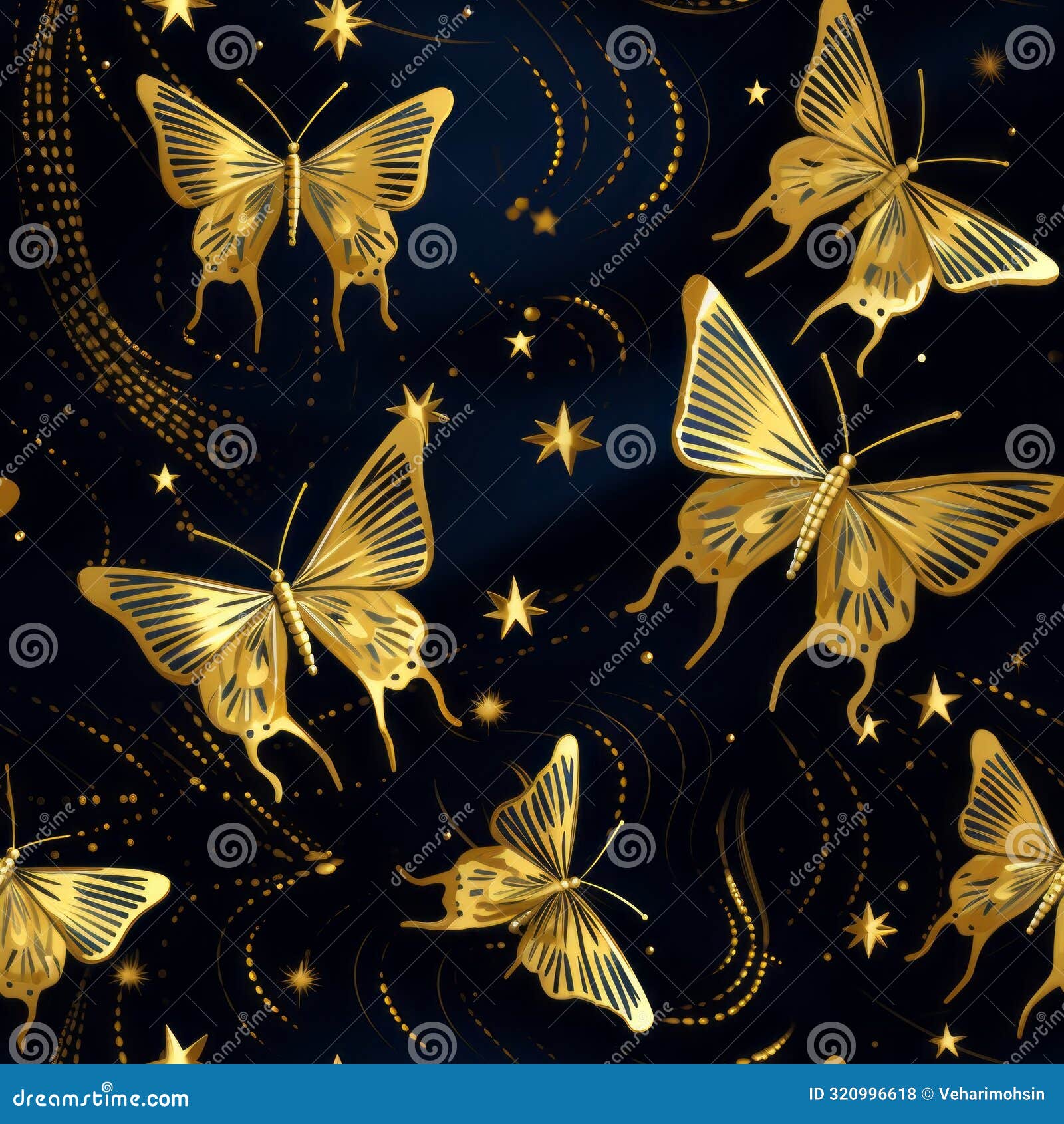 Vector Seamless Pattern with Gold Butterflies and Stars. Contemporary ...