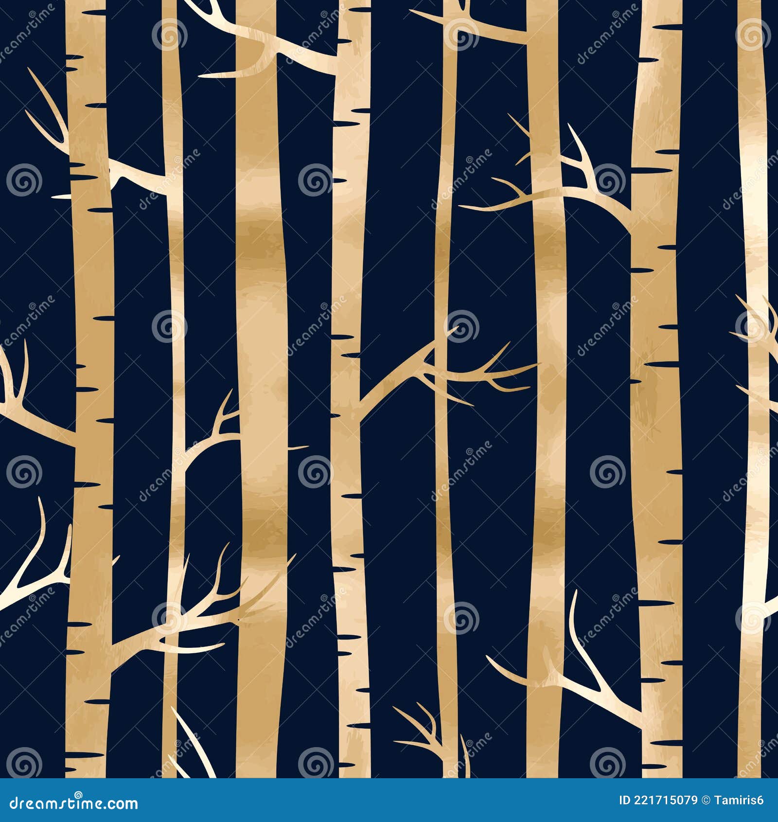Vector Seamless Pattern With Gold Forest. Night Landscape With Birches ...