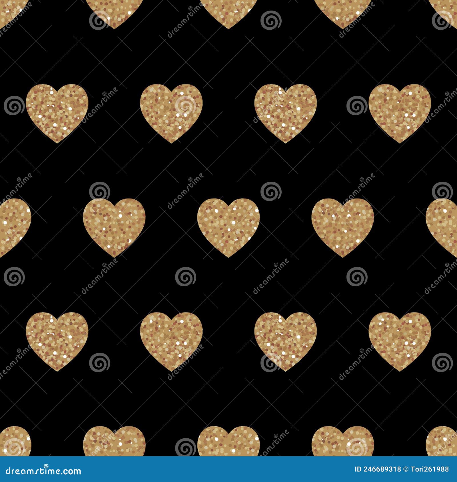Vector Seamless Pattern with Black Hearts on Gold. Shiny Sparkling ...