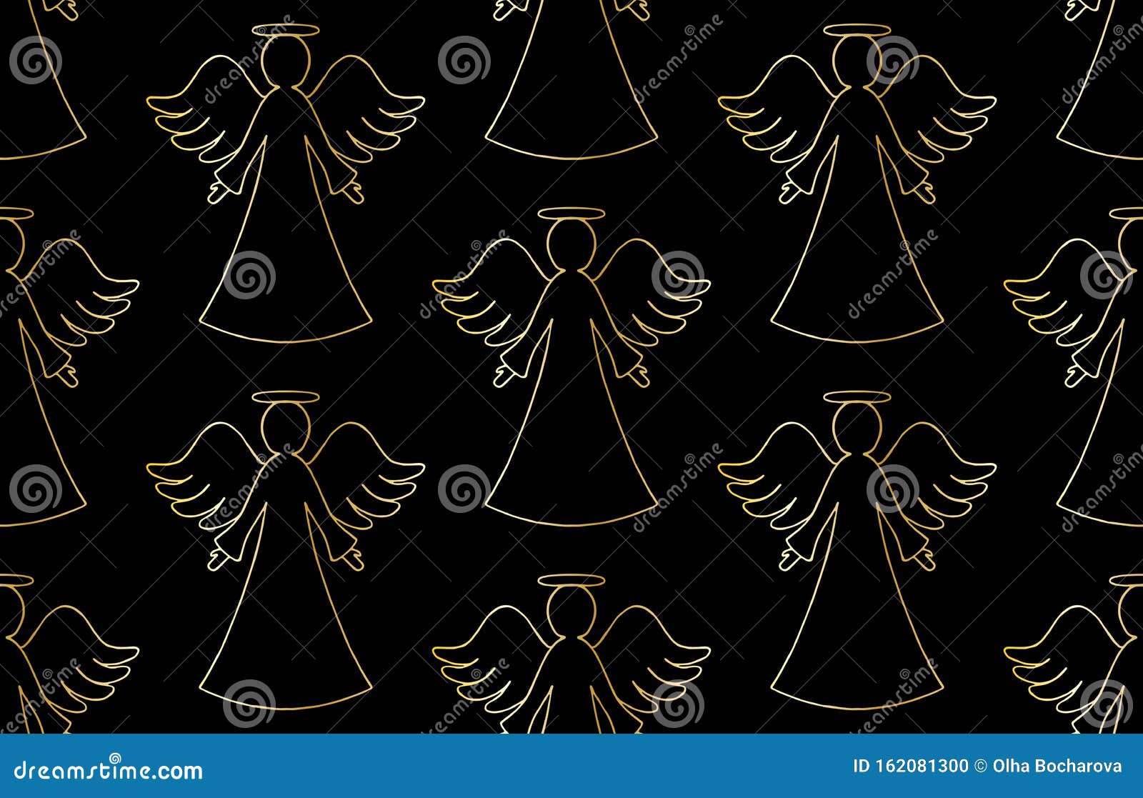 Vector Seamless Pattern of Golden Contour of Angels on Black Background ...