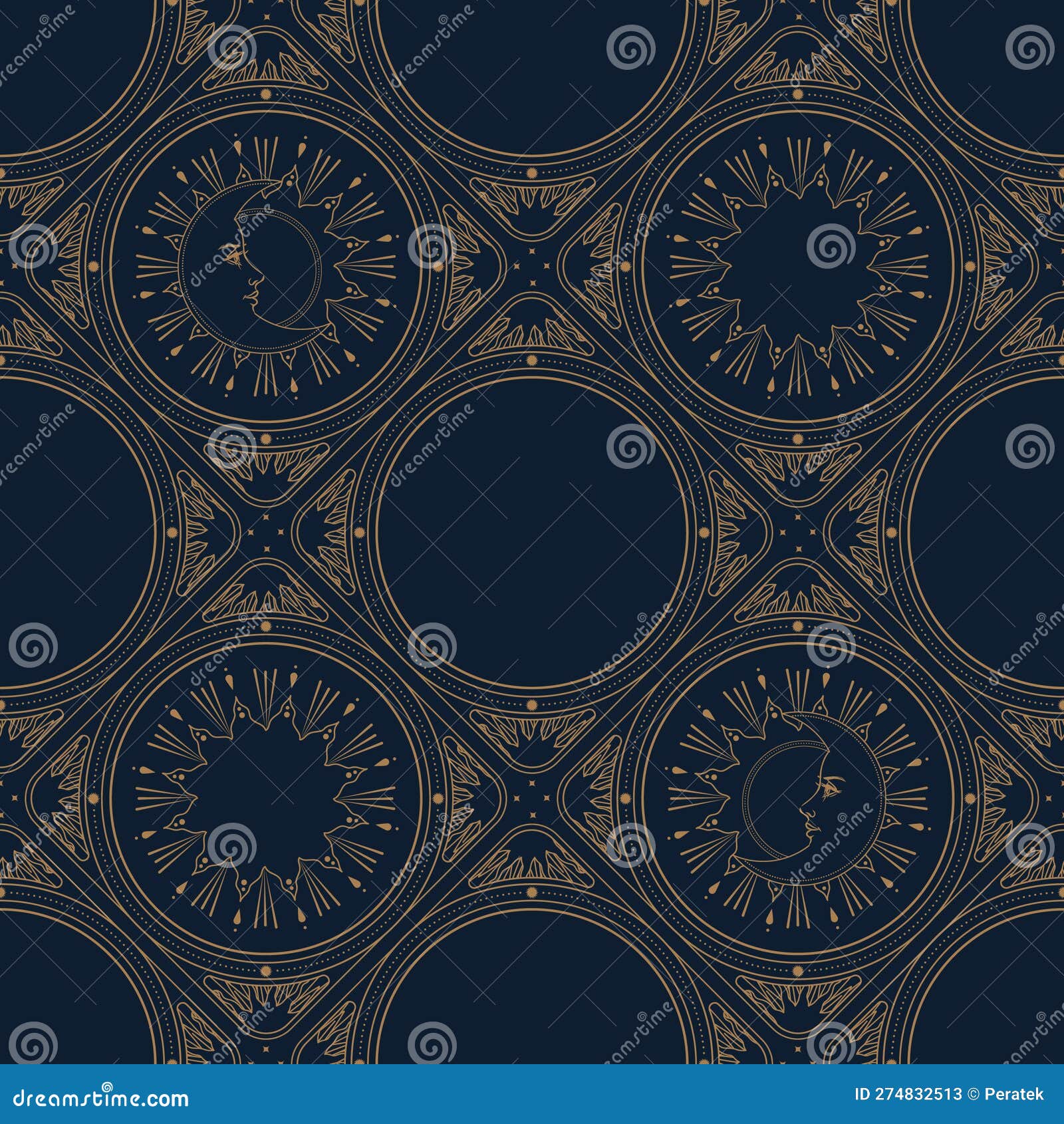 Vector Seamless Pattern. Golden Moon on Dark Blue Background Stock ...
