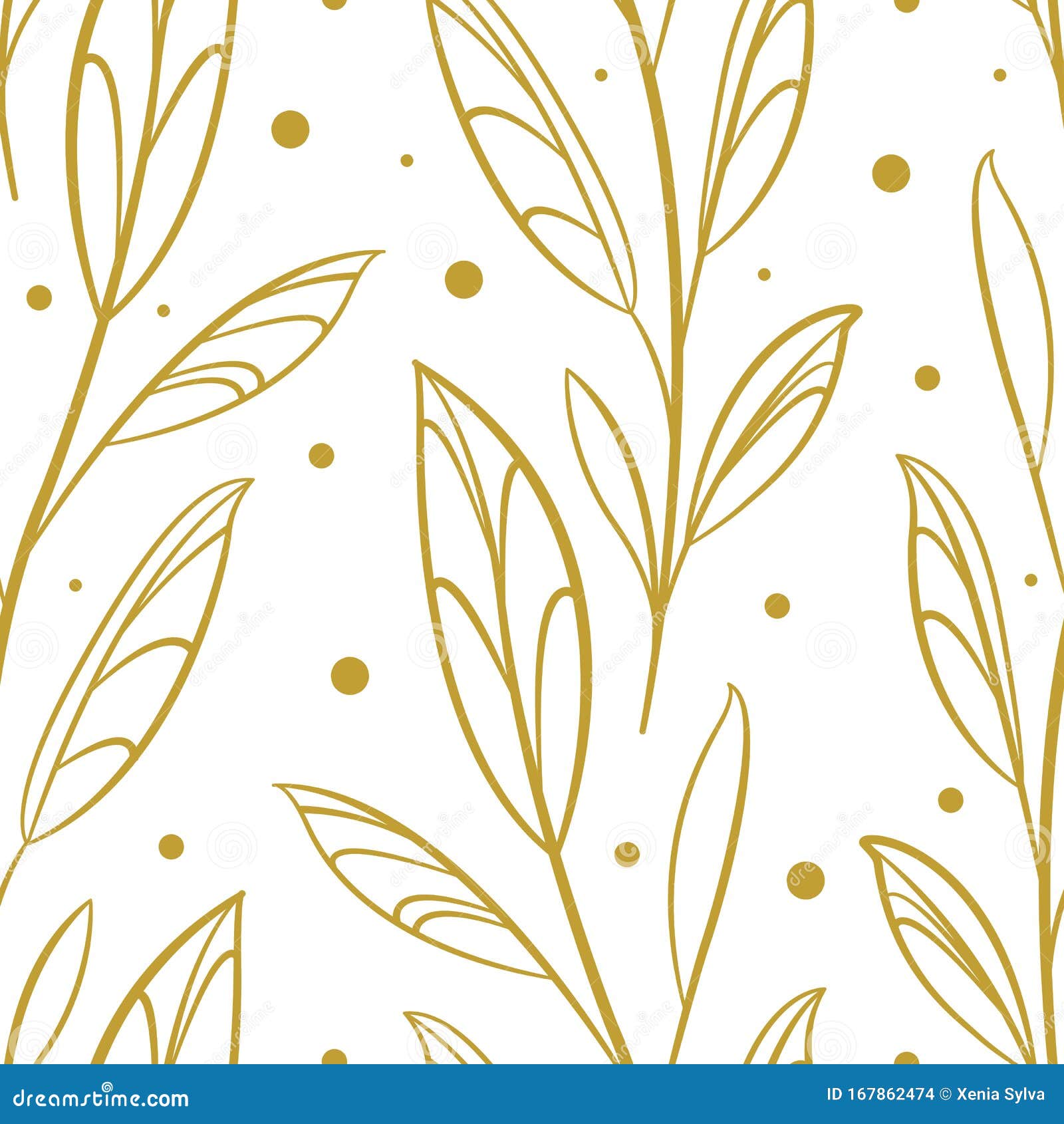 Vector Seamless Pattern with Golden Outline Branches and Leaves; White ...