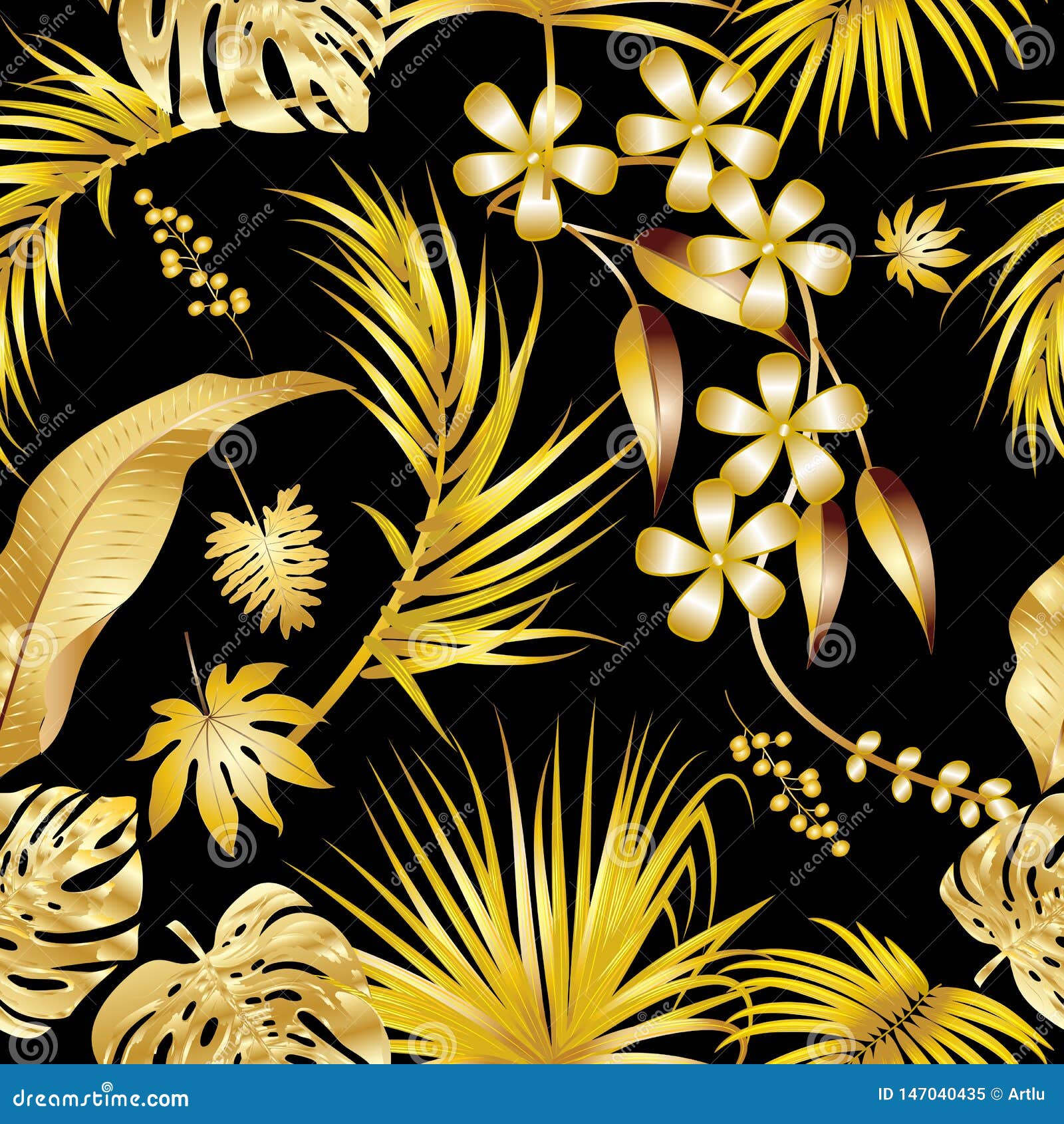 Vector Seamless Pattern with Golden Tropical Leaves on Black Background ...