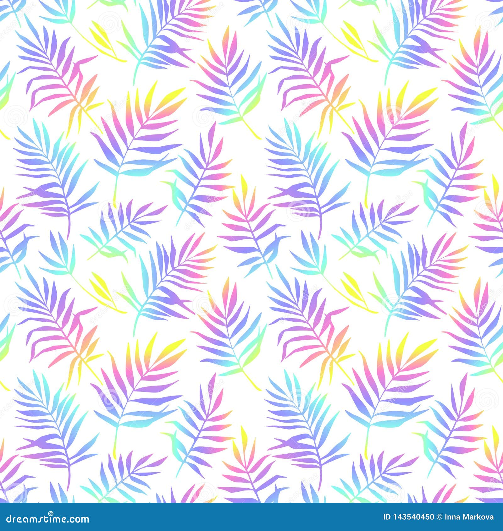 Vector Seamless Pattern with Gradient Rainbow Tropical Leaves on White ...