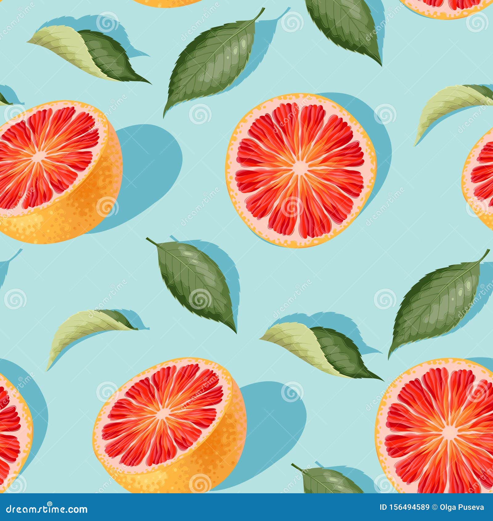 Seamless Pattern with Grapefruit Slices and Leaves Stock Vector ...