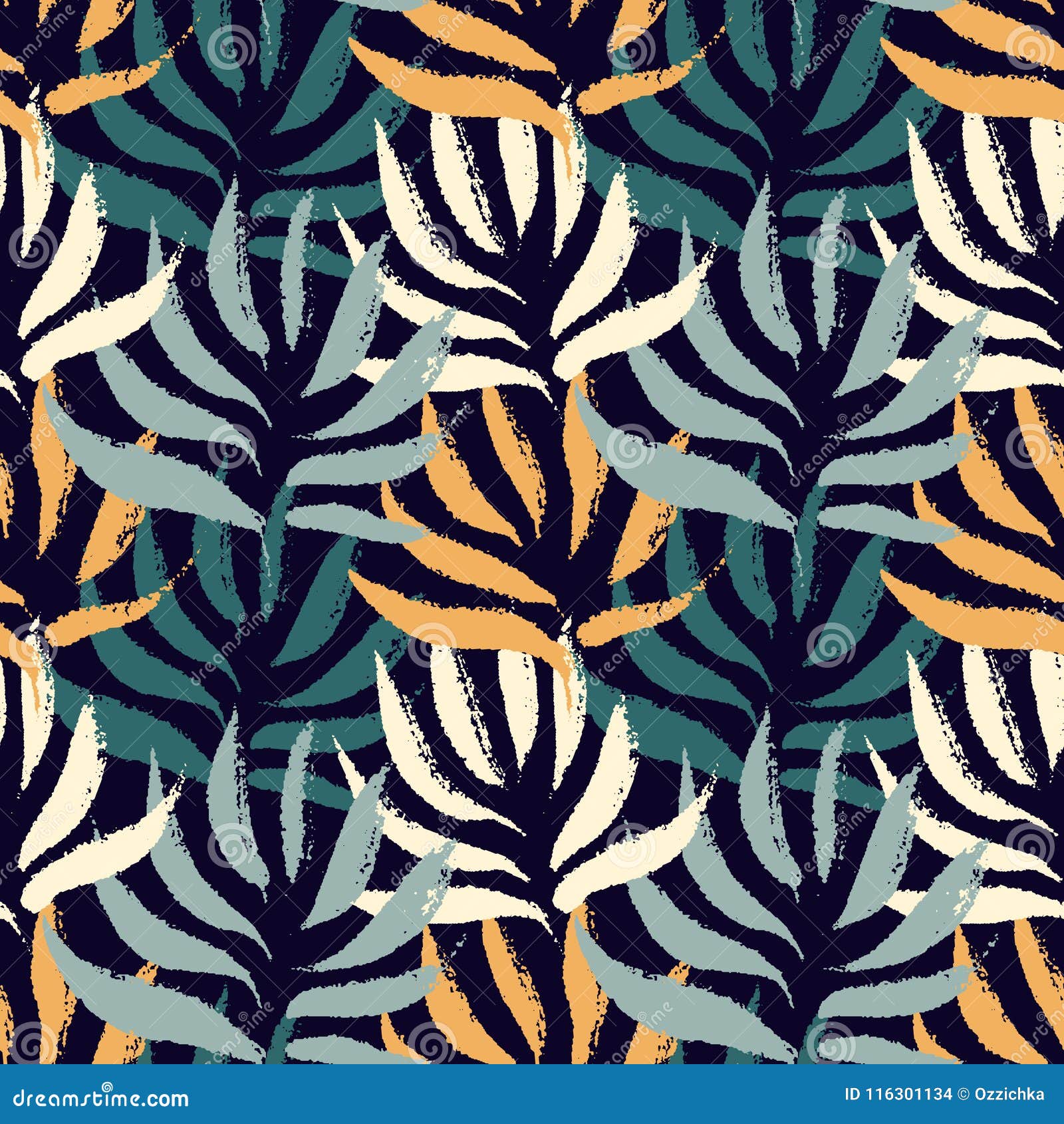 Vector Seamless Pattern with Graphical Leaves, Colorful Botanical ...