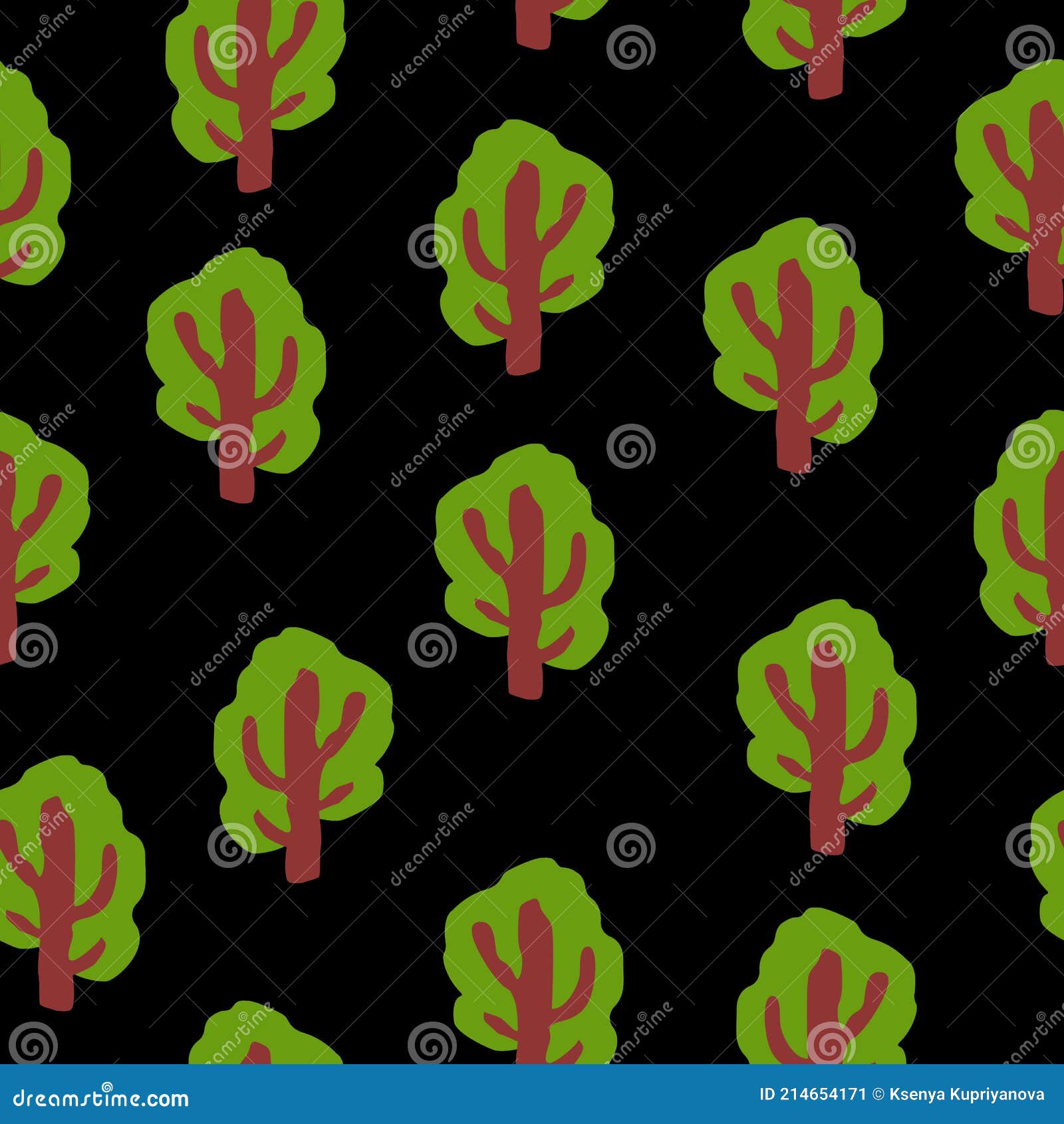 Vector Seamless Pattern with Green Deciduous Trees. Brown Trunk. Black Background. Cartoon Style ...