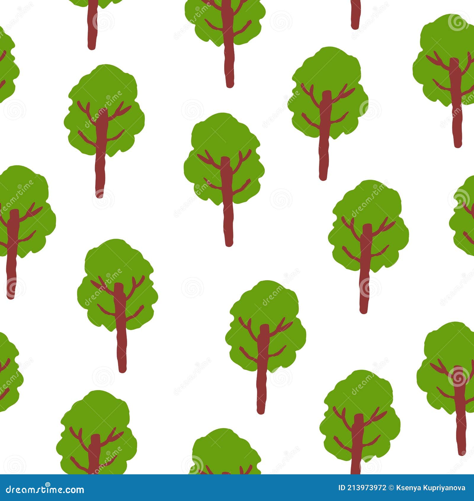Vector Seamless Pattern with Green Deciduous Trees. Brown Trunk. White Background. Cartoon Style ...