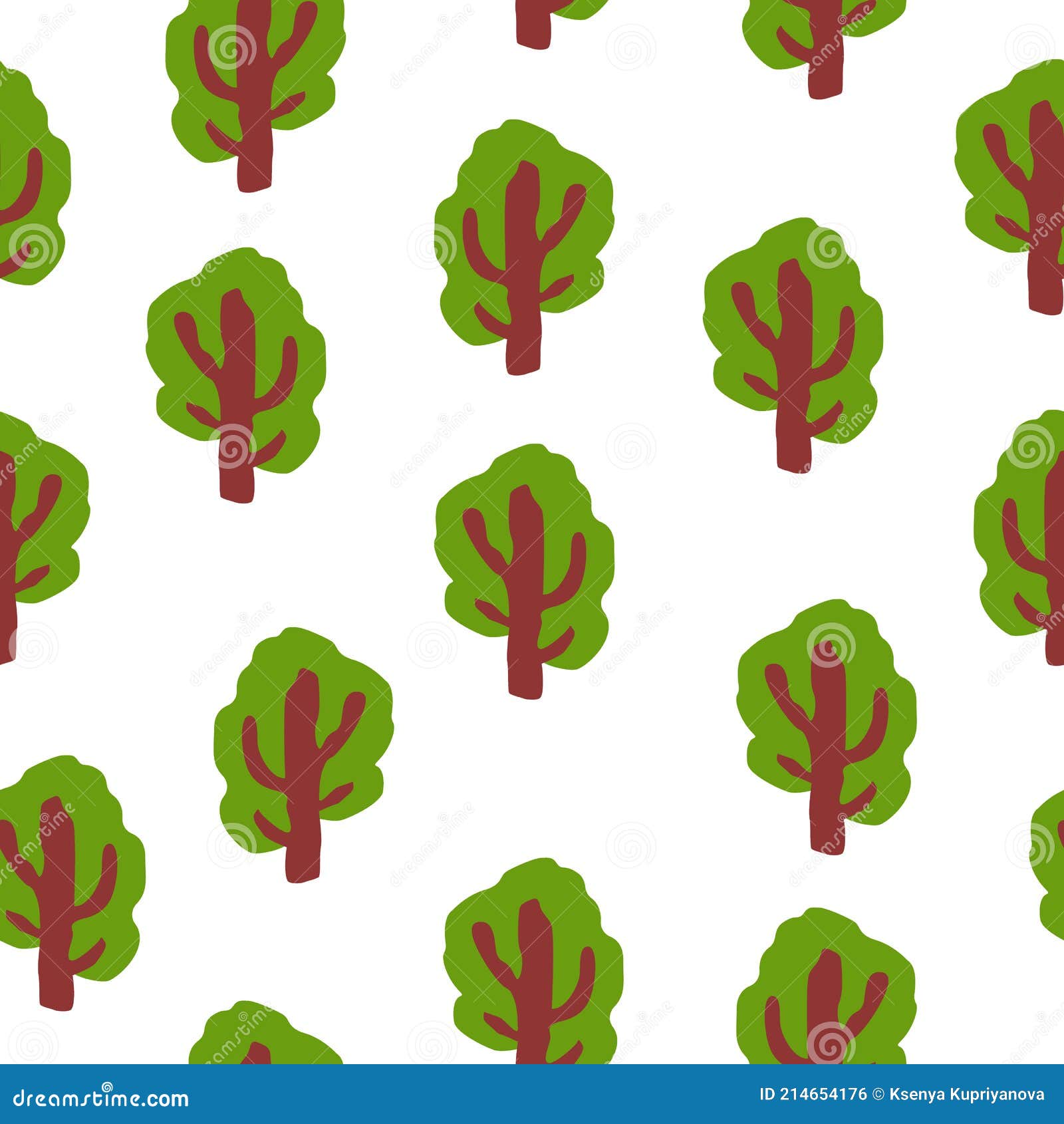 Vector Seamless Pattern with Green Deciduous Trees. Brown Trunk. White Background. Cartoon Style ...