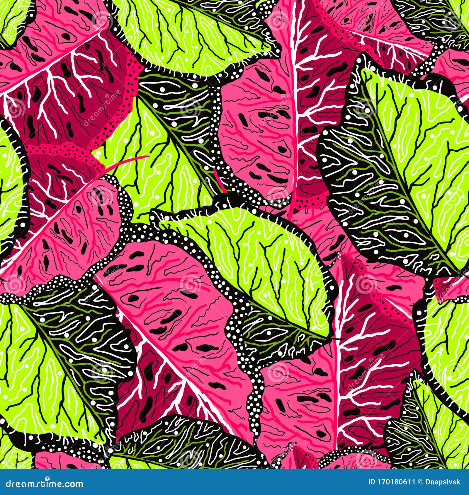 Vector Seamless Pattern with Green and Pink Leaves with Abstract Lines ...