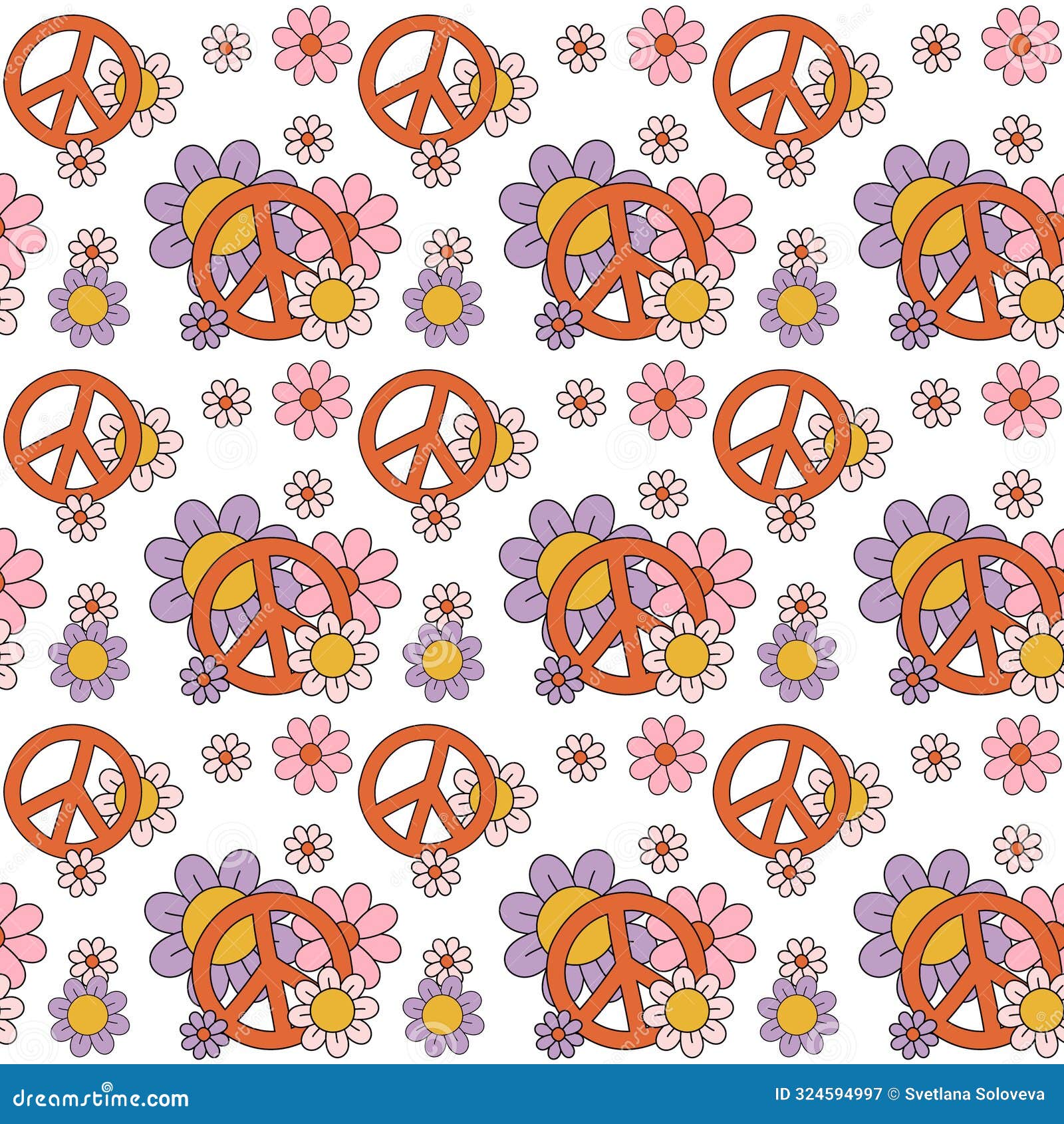 Vector Seamless Pattern of Groovy Peace and Flower Stock Illustration ...