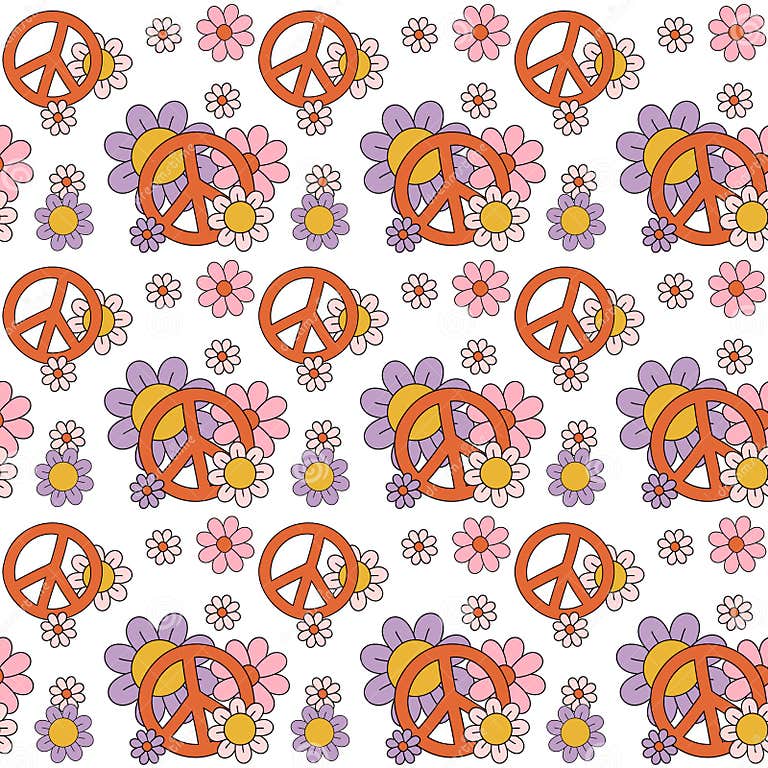 Vector Seamless Pattern of Groovy Peace and Flower Stock Illustration ...