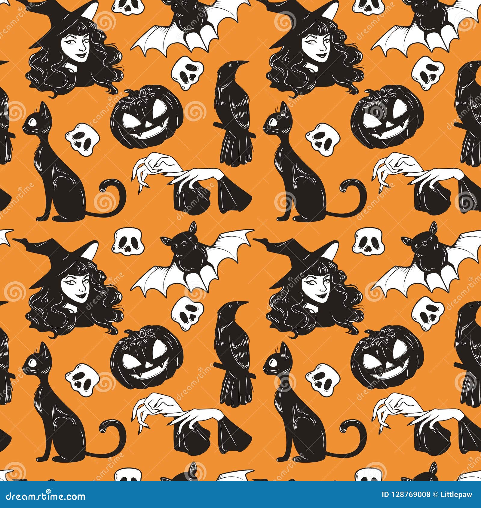 Vector Seamless Pattern with Halloween Cute Hand Drawn Elements Stock ...