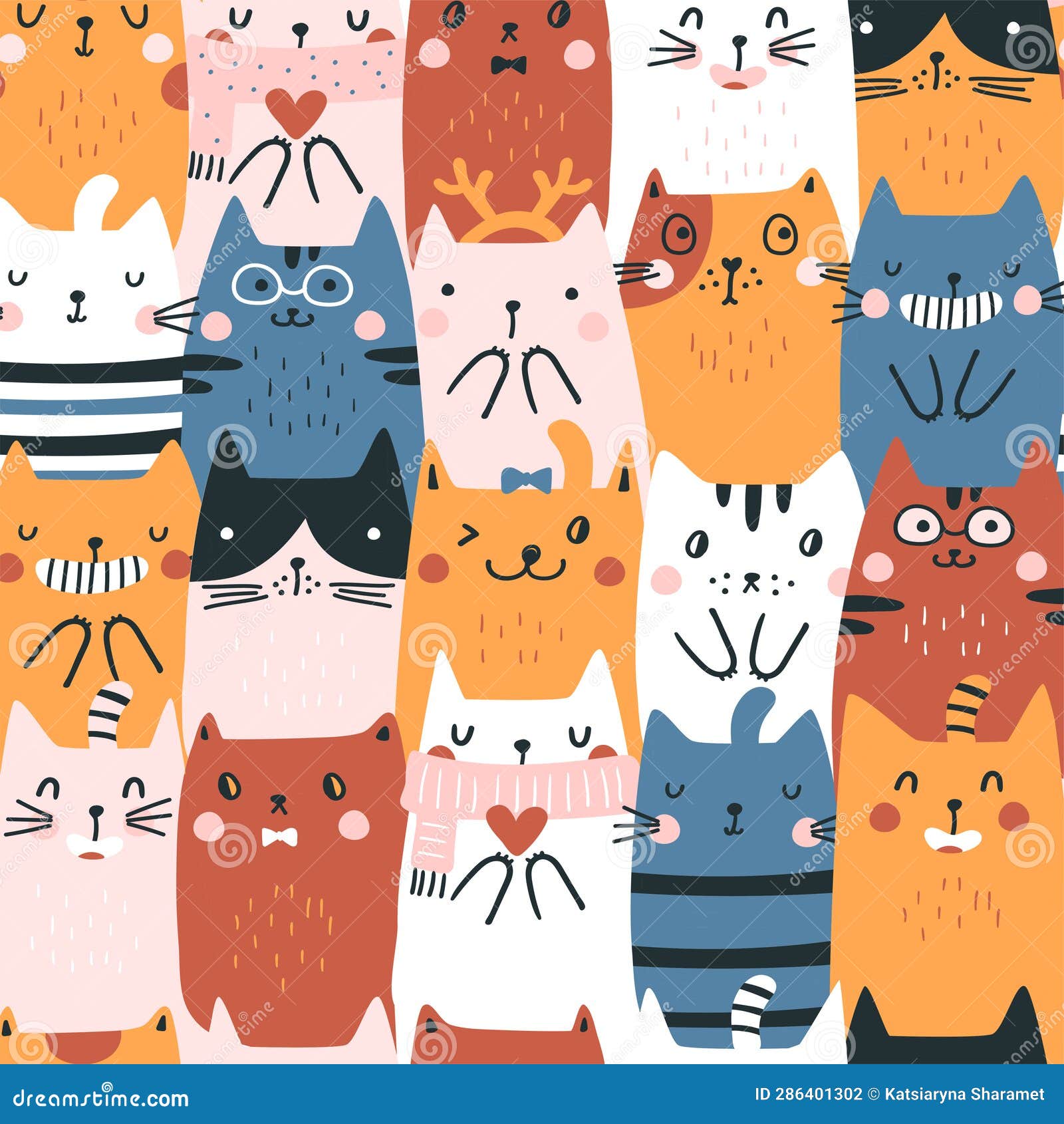 Vector Seamless Pattern with Hand Draw Cats Illustrations Stock ...