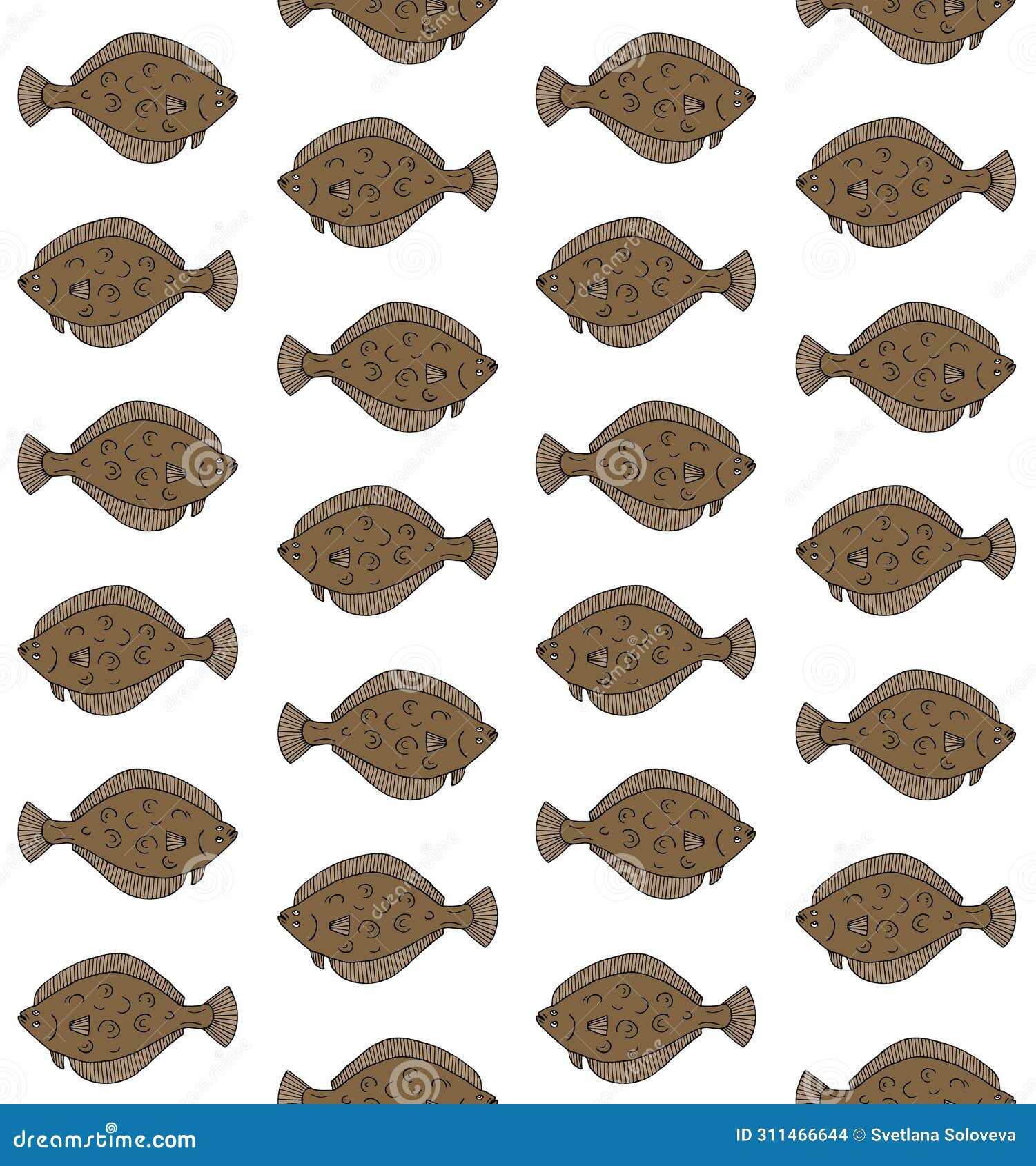 Vector Seamless Pattern of Hand Draw Flounder Fish Stock Illustration ...