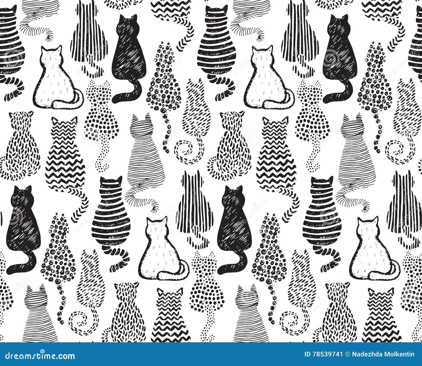 Vector Seamless Pattern with Hand Draw Textured Cats Stock Vector ...