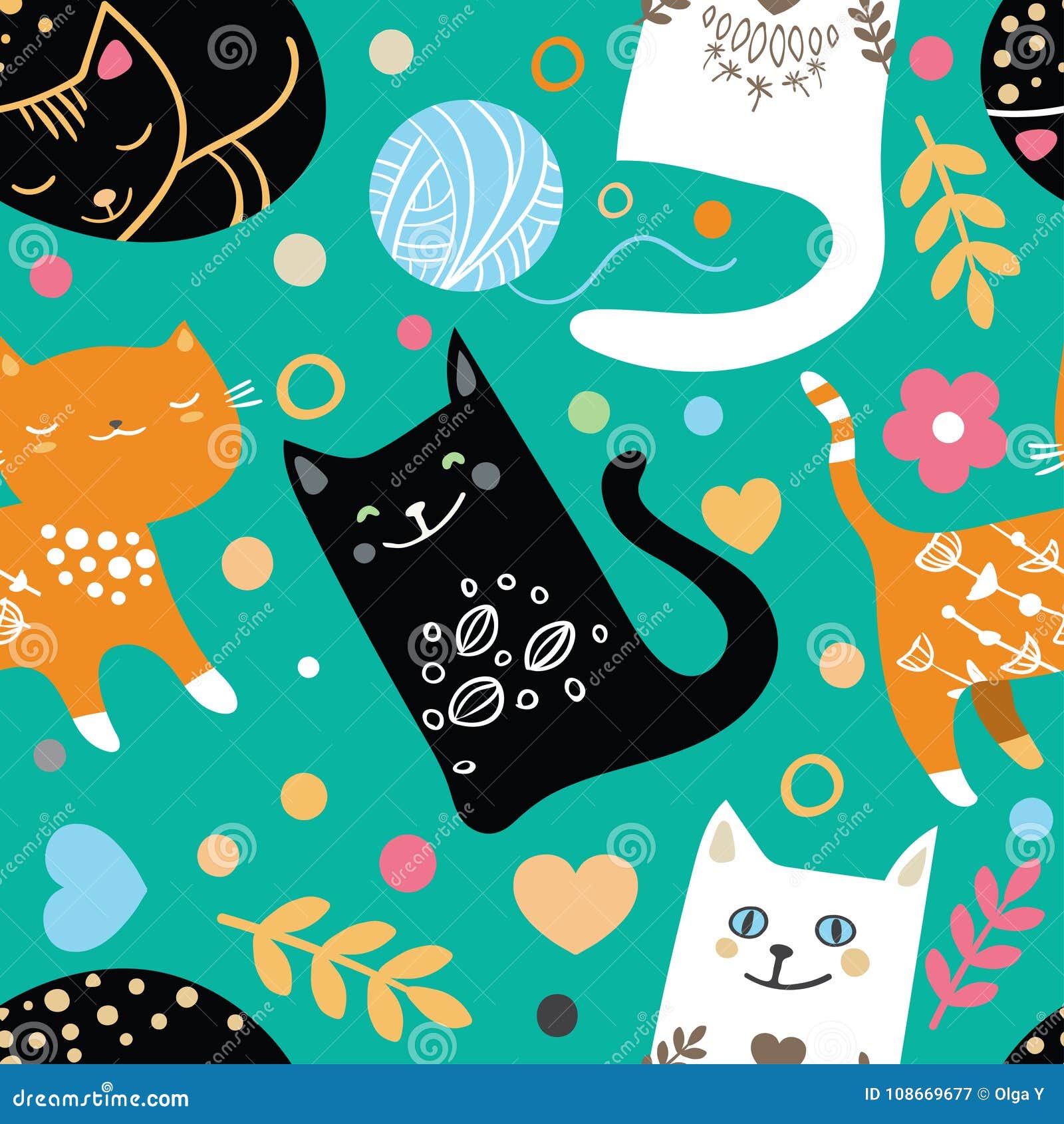 Vector Seamless Pattern with Hand Draw Textured Cats in Graphic Doodle ...