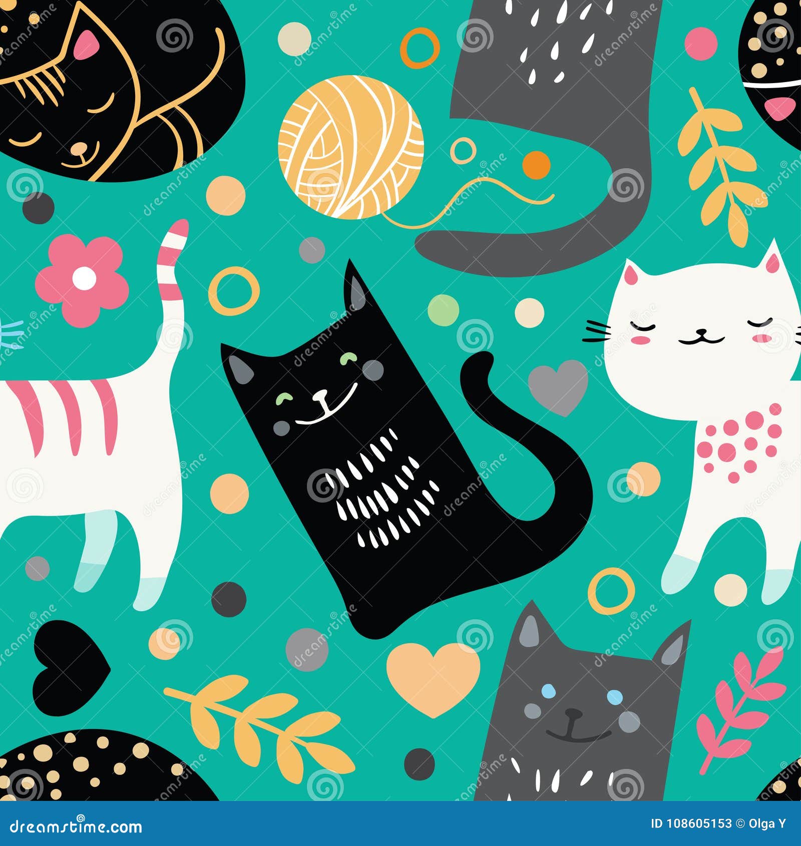 Vector Seamless Pattern with Hand Draw Textured Cats in Graphic Doodle ...