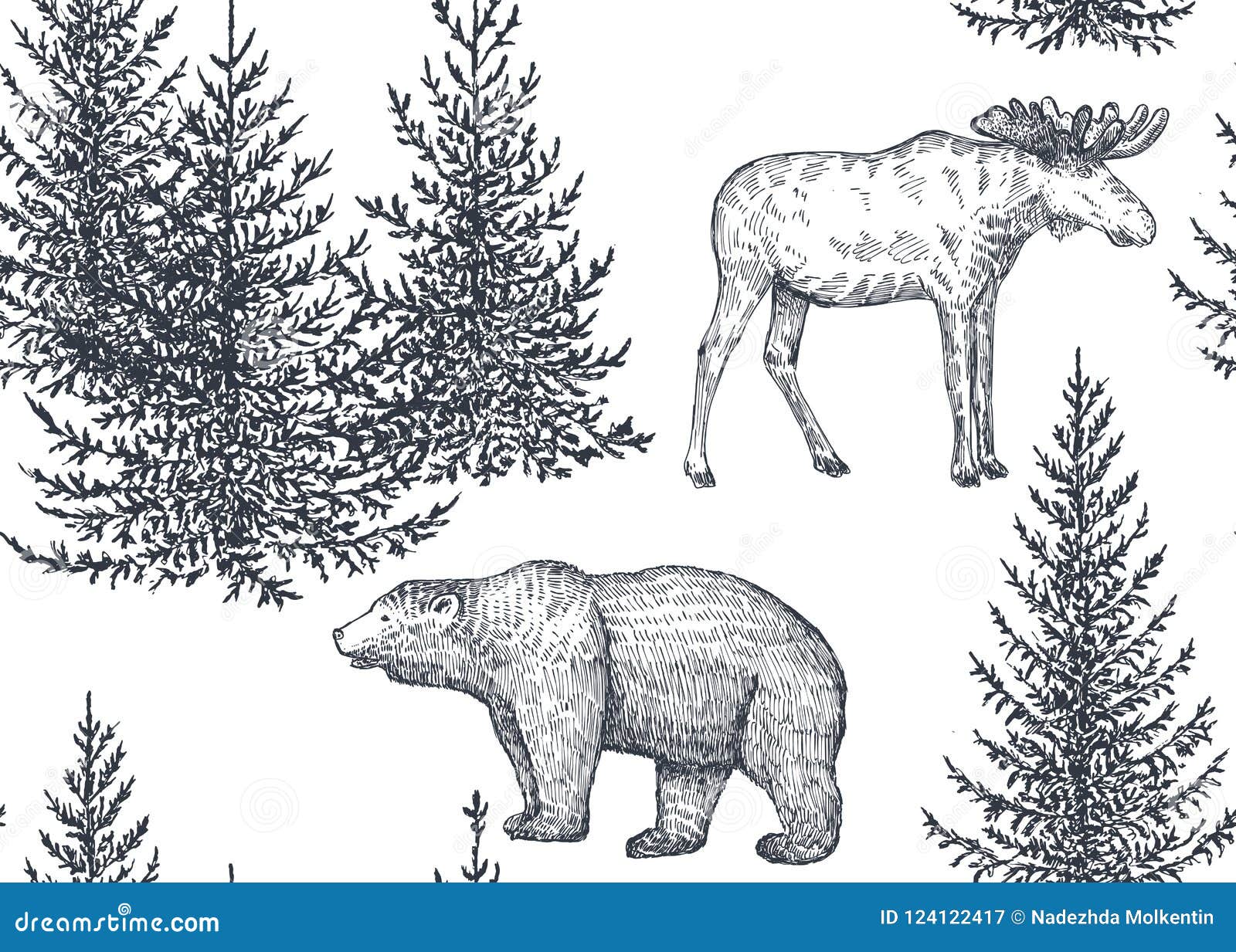 Vector Seamless Pattern with Hand Drawn Animals and Trees. Stock Vector ...