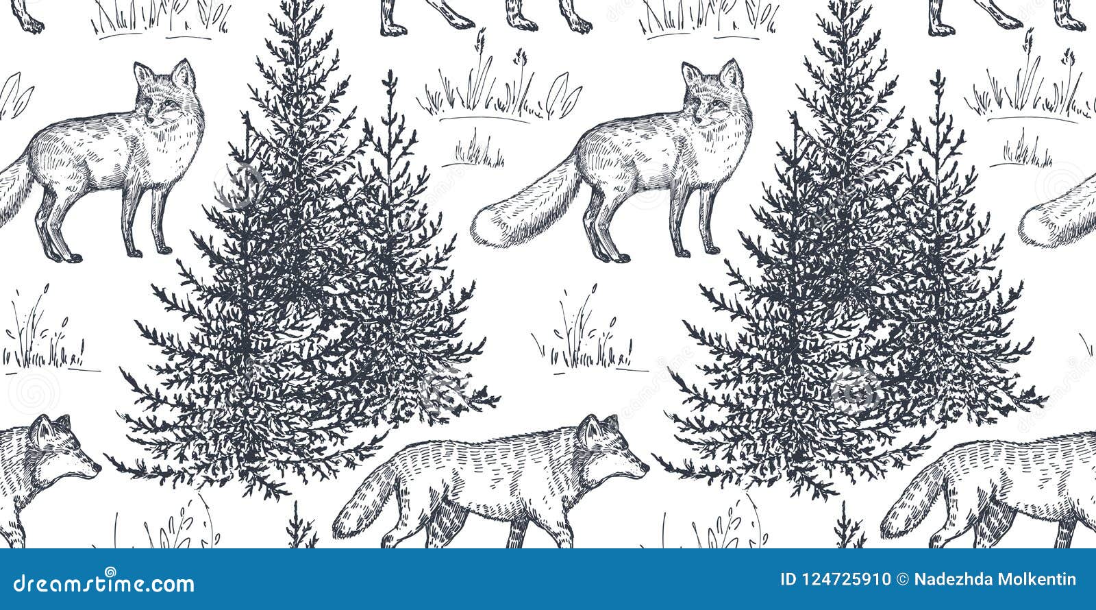 Vector Seamless Pattern with Hand Drawn Animals and Trees. Stock Vector ...