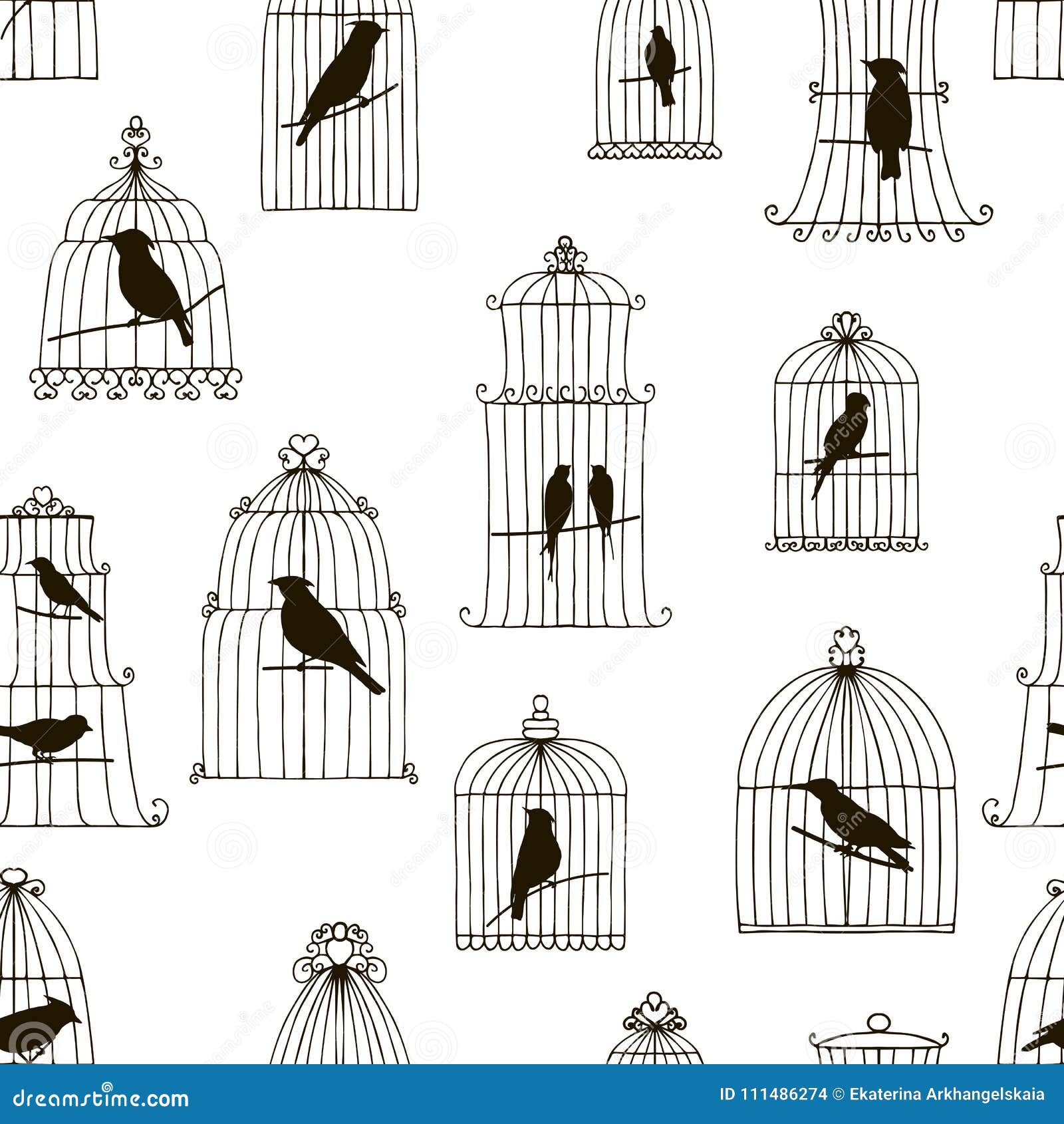 Vector Seamless Pattern with Birds in Cages Stock Vector - Illustration ...
