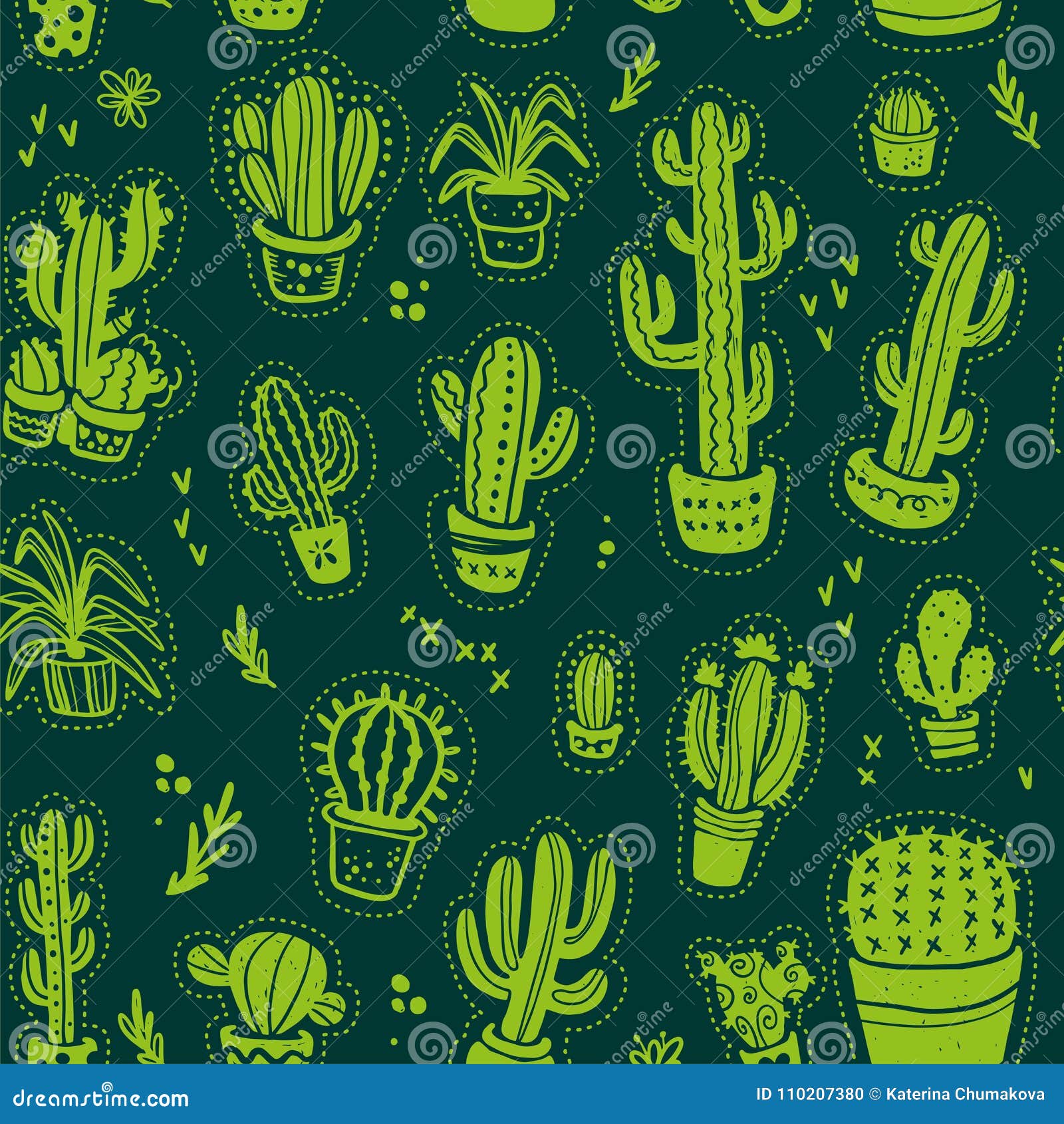 Vector Seamless Pattern with Hand Drawn Cactus Elements Isolated on ...