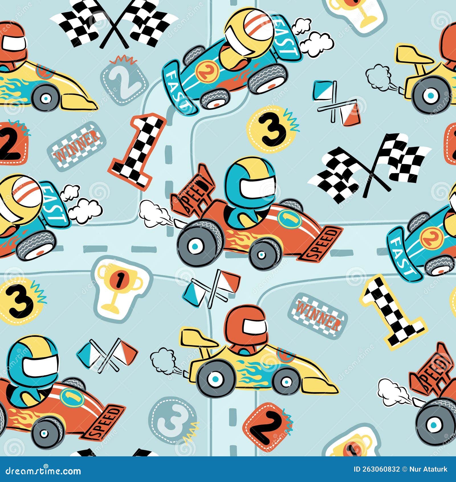 Vector Seamless Pattern of Hand Drawn Car Racing Cartoon, Racing ...