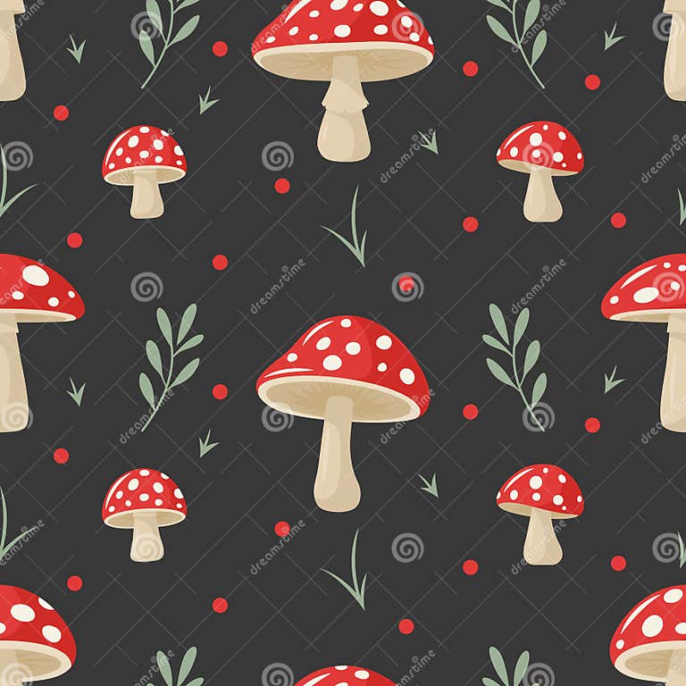 Vector Seamless Pattern With Hand Drawn Cartoon Flat Mushrooms On Black