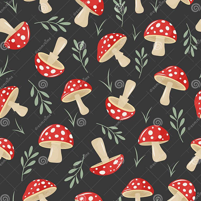 Vector Seamless Pattern With Hand Drawn Cartoon Flat Mushrooms On Black