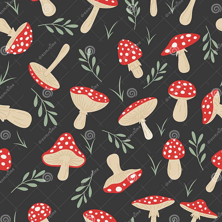 Vector Seamless Pattern With Hand Drawn Cartoon Fly Agaric Mushrooms