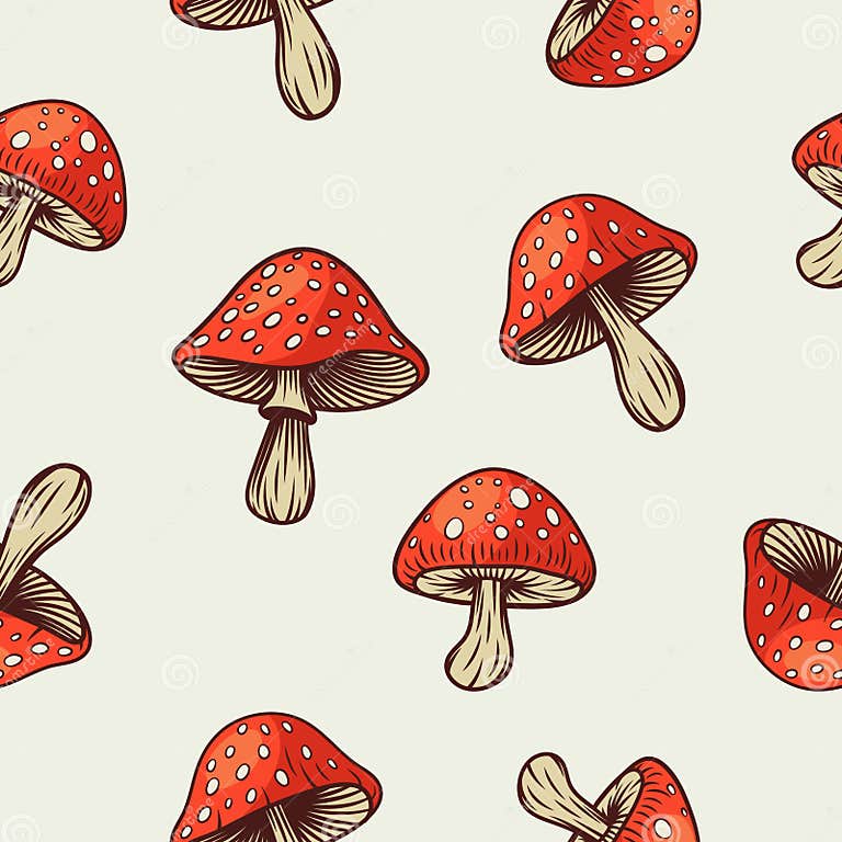 Vector Seamless Pattern With Hand Drawn Cartoon Mushrooms On White