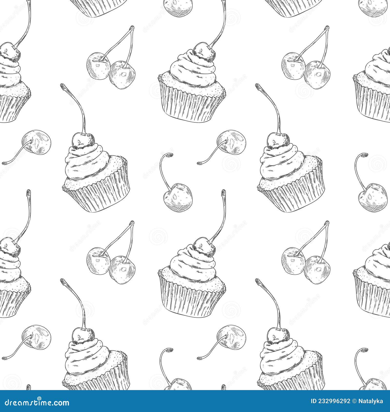 Vector Seamless Pattern with Hand Drawn Cheesecake and Cupcake with ...