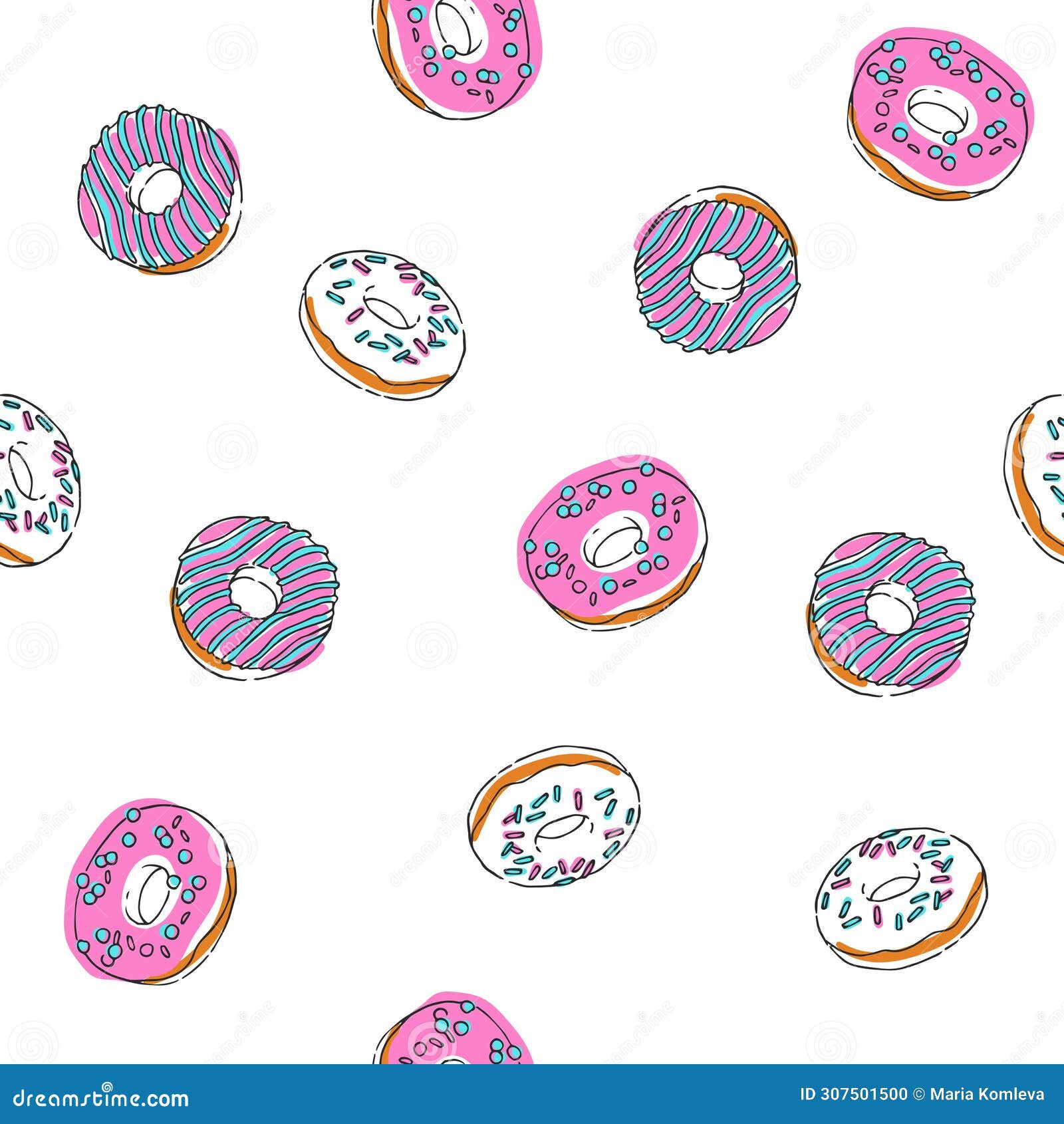 Vector Seamless Pattern with Hand Drawn Donuts Isolated on White ...