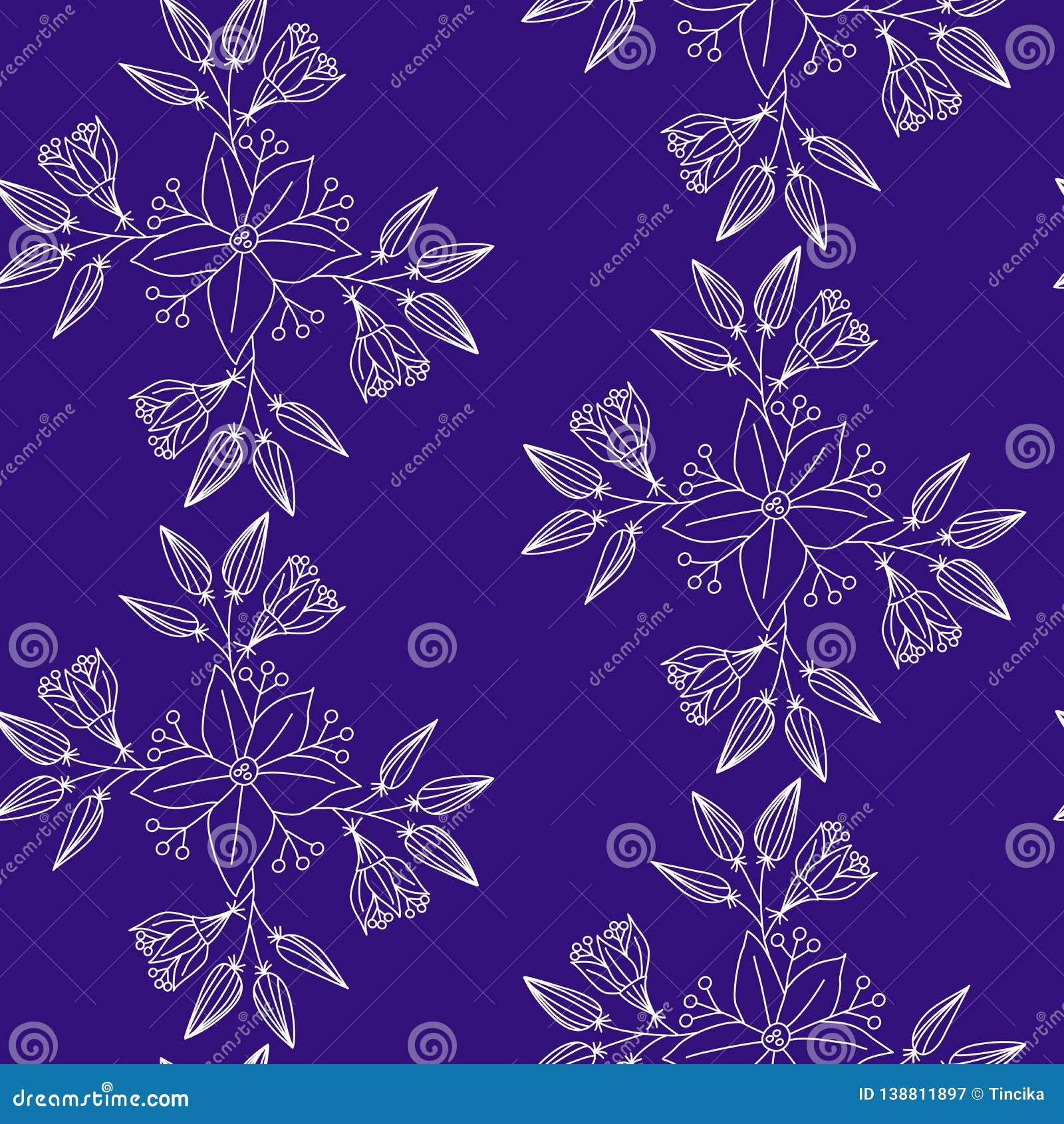 Vector Seamless Pattern, Hand Drawn Floral Elements on Indigo ...