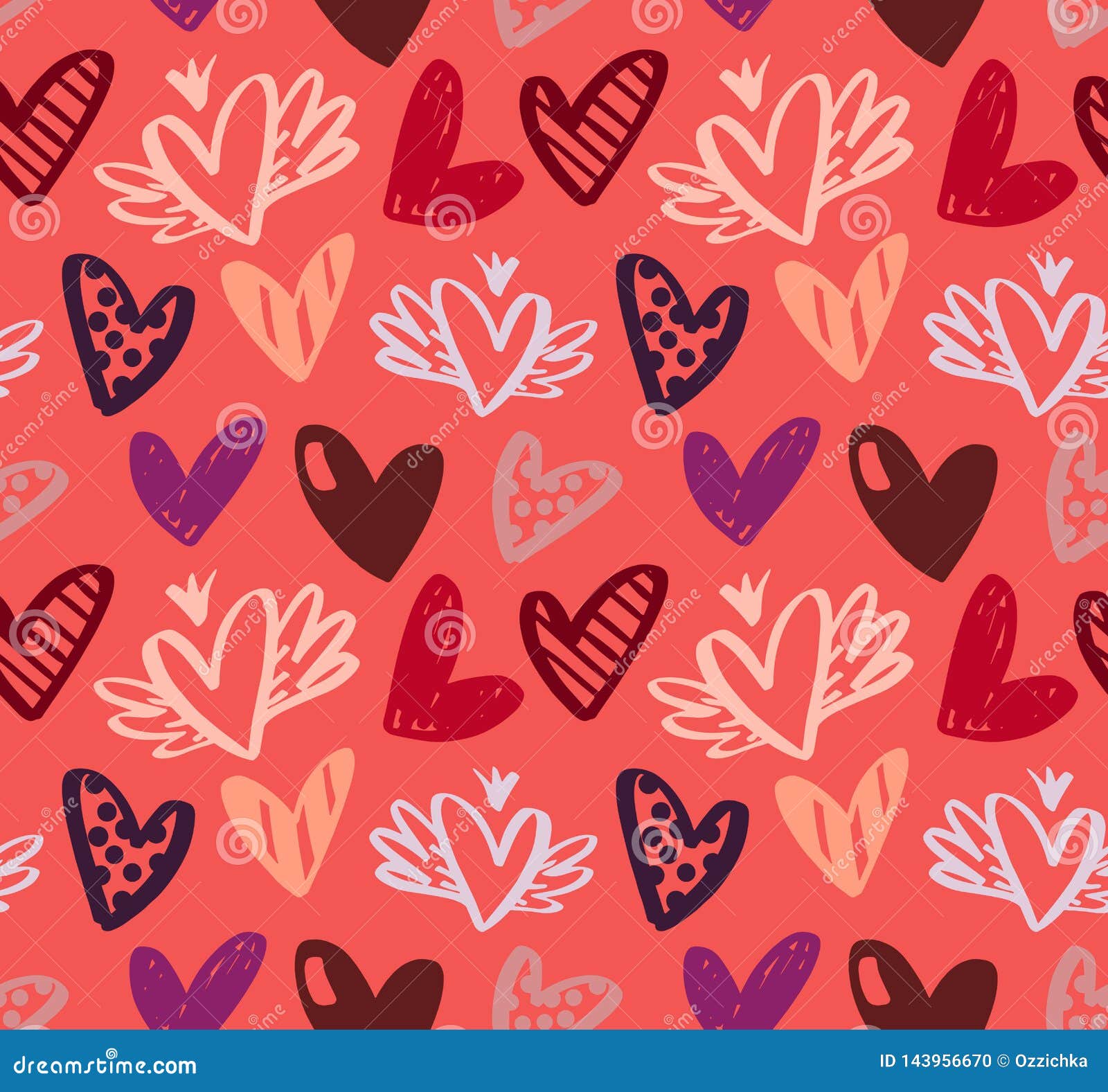 Vector Seamless Pattern with Hand Drawn Hearts Isolated on Bright ...