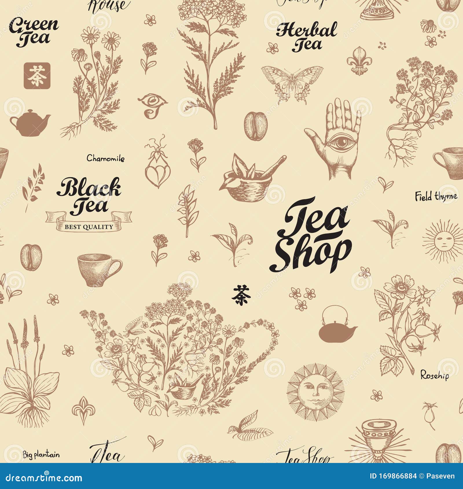 Vector Hand-drawn Seamless Pattern on a Tea Theme Stock Vector ...