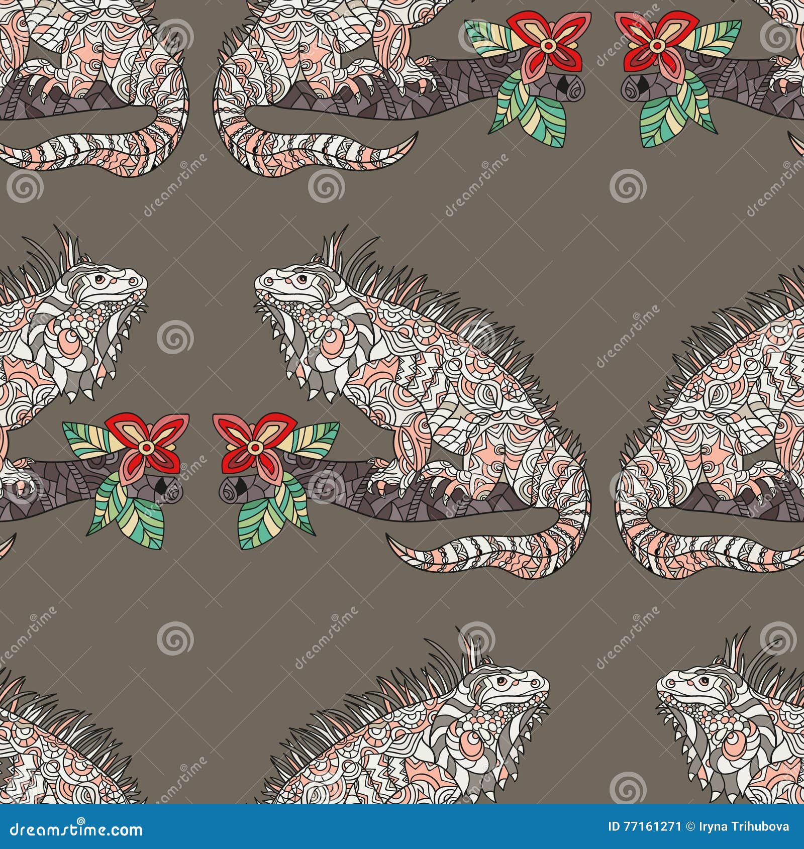 Vector Seamless Pattern with Hand Drawn Iguana. Stock Vector ...