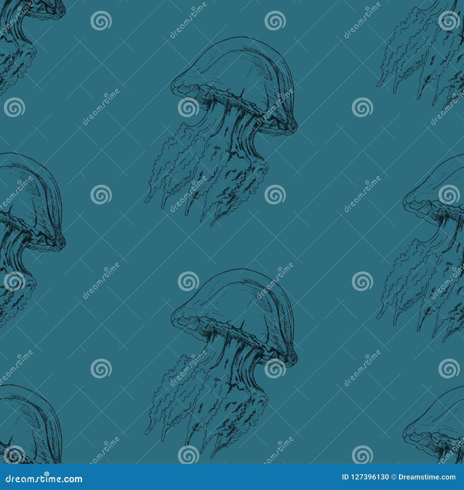 Vector Seamless Pattern with Hand Drawn Jellyfish Sketch. Vintage ... Vector Seamless Pattern with Hand Drawn Jellyfish Sketch. Vintage ...
