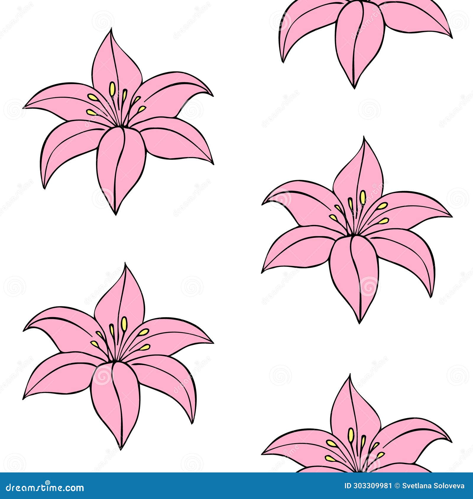 Vector Seamless Pattern of Hand Drawn Lilly Flower Stock Illustration ...